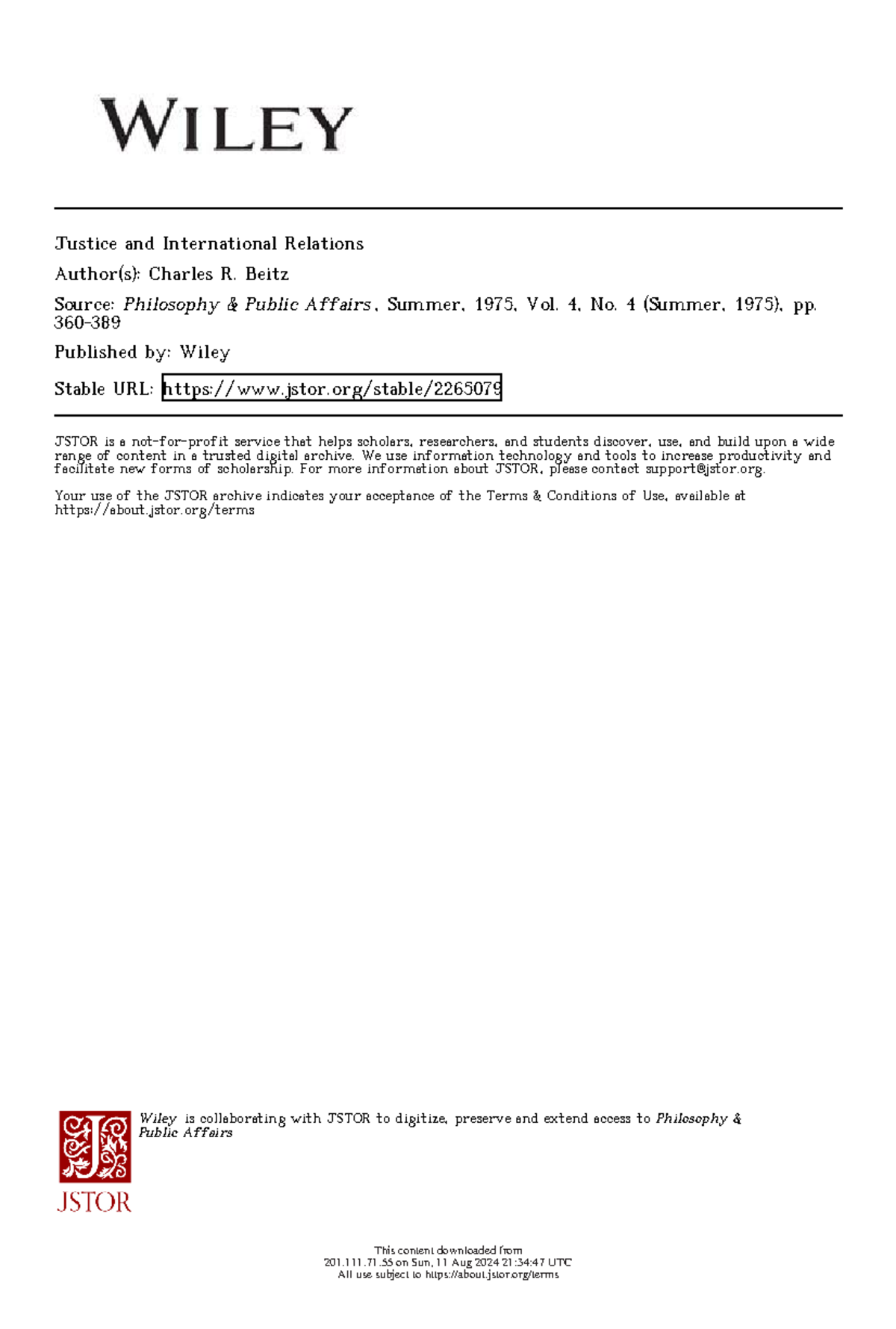 Charles Beitz, “Justice and International Relations,” - Justice and ...