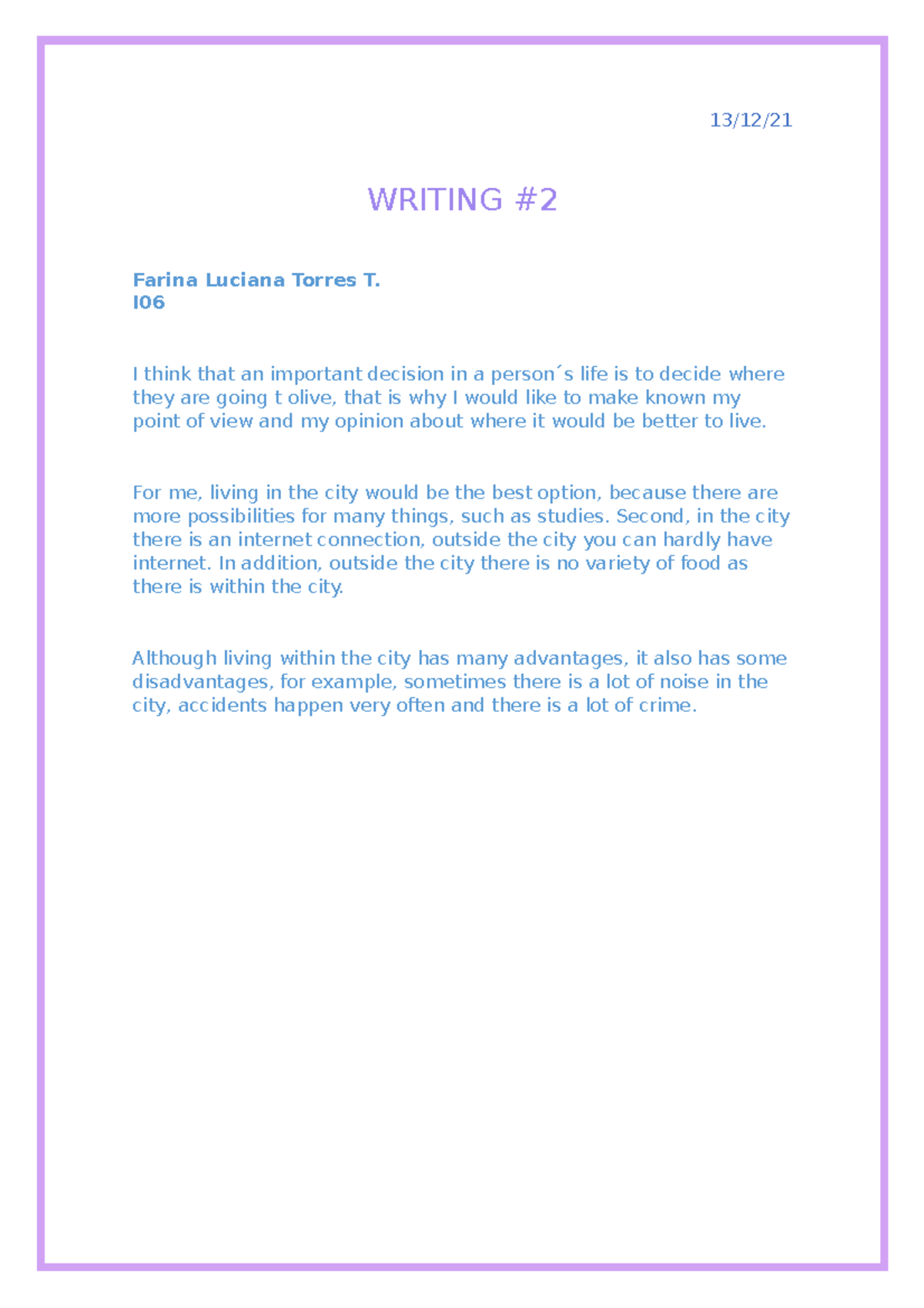 Writing #2 Torres Farina I06 - 13/12/ WRITING Farina Luciana Torres T ...
