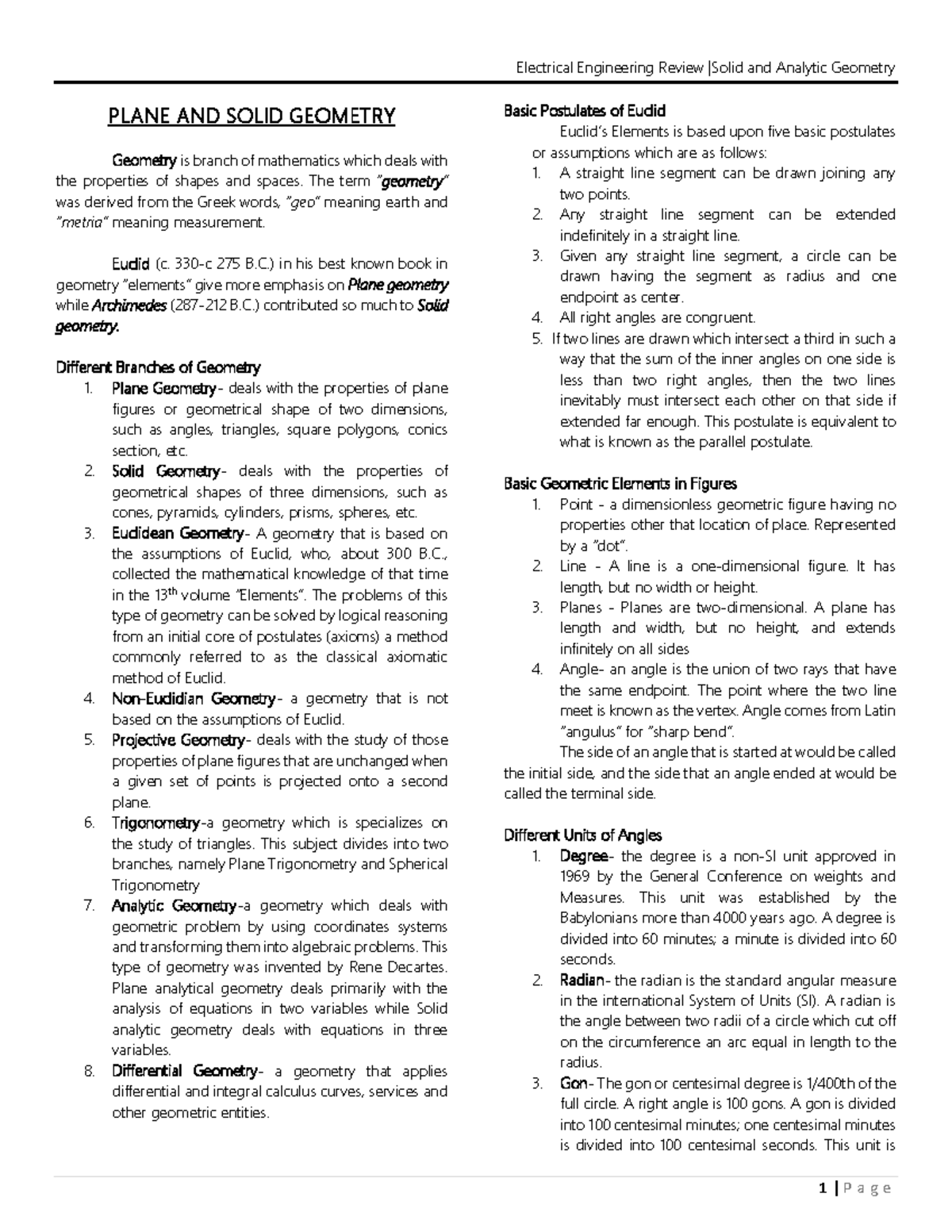 Solid and Analytic Geometry - PLANE AND SOLID GEOMETRY Geometry is branch of mathematics which ...