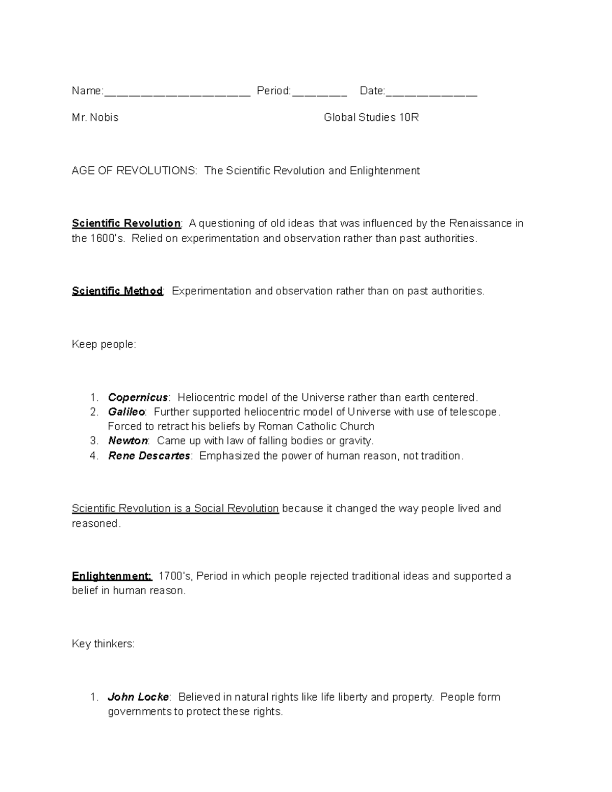 Scientific Revolution and Enlightenment Notes - Name ...