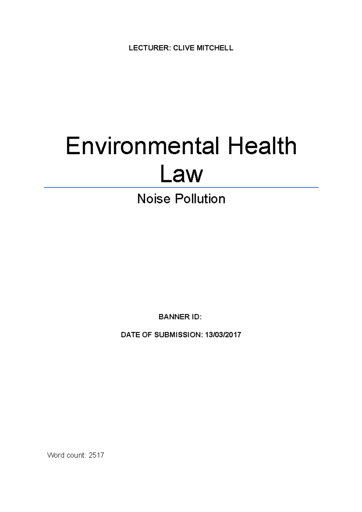Environmental Health Law assignment 1 - LECTURER: CLIVE MITCHELL ...