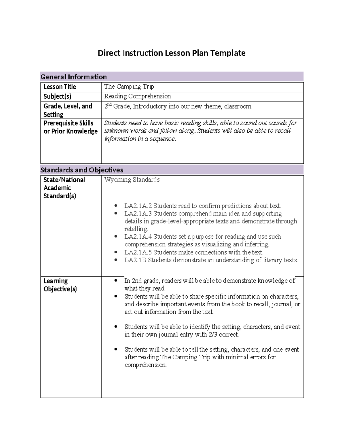 Direct Instruction Lesson Plan Camping - Direct Instruction Lesson Plan ...