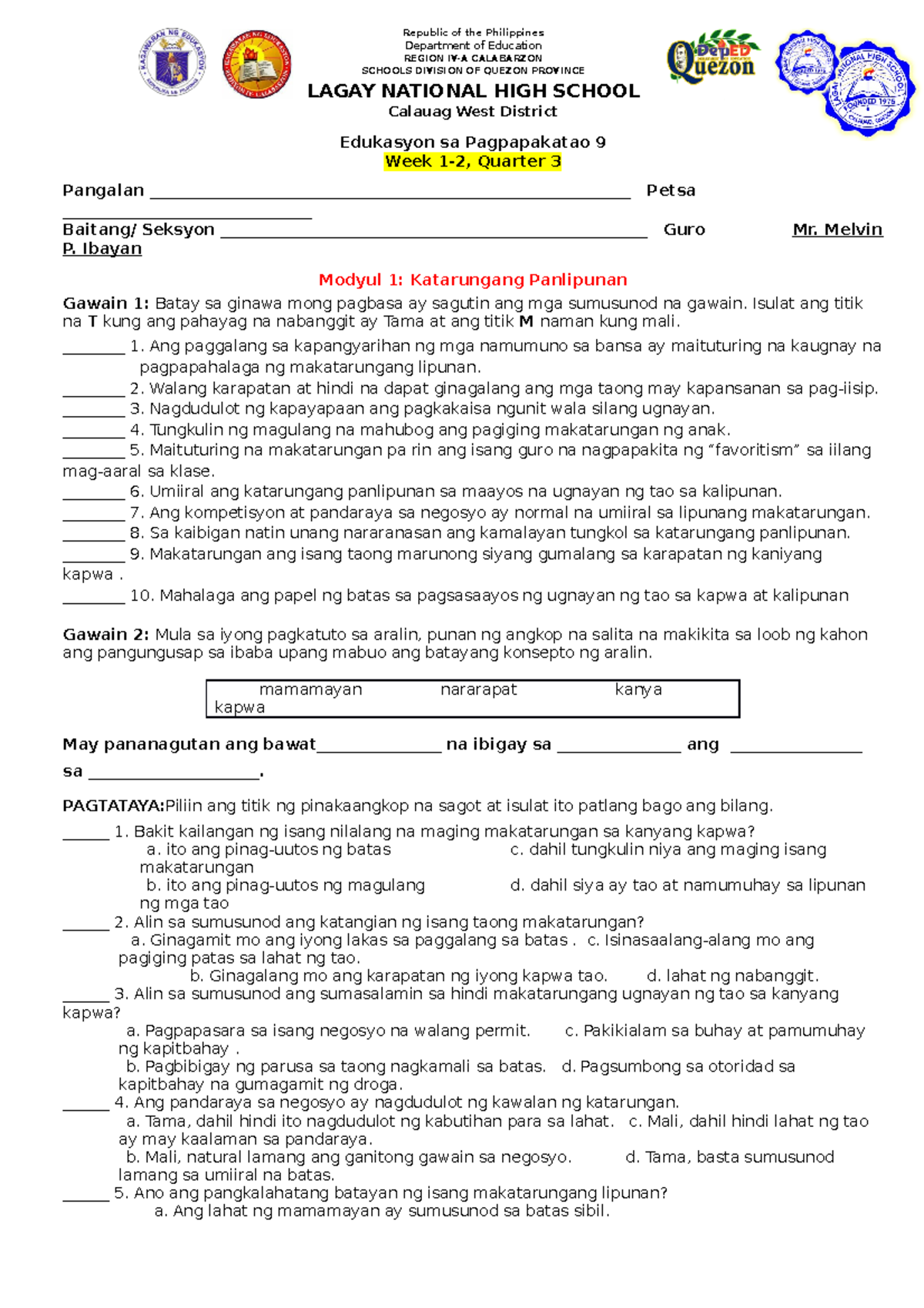 Esp 9 -Week 1-2-q3 - Activity/ Answer Sheets for the Third Quarter - Republic of the Philippines ...