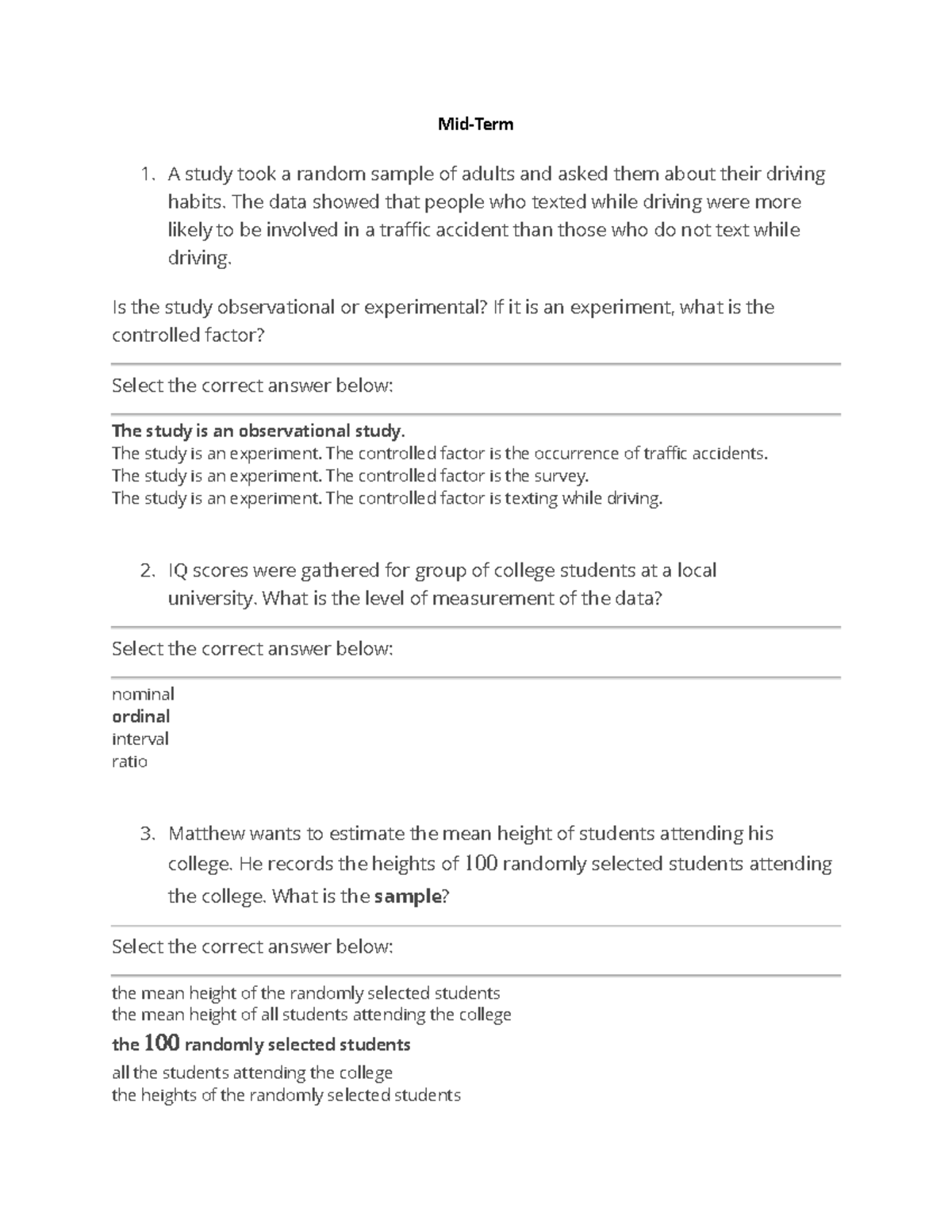Stadistic exam 1 - notes for exam one and practice questions - Mid-Term ...