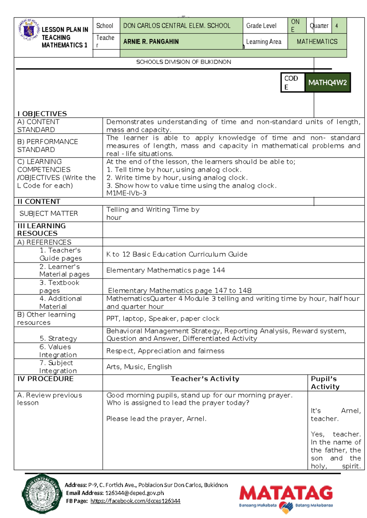 COT Lesson Plan Format ddemo - ####### Address: P-9, C. Fortich Ave ...