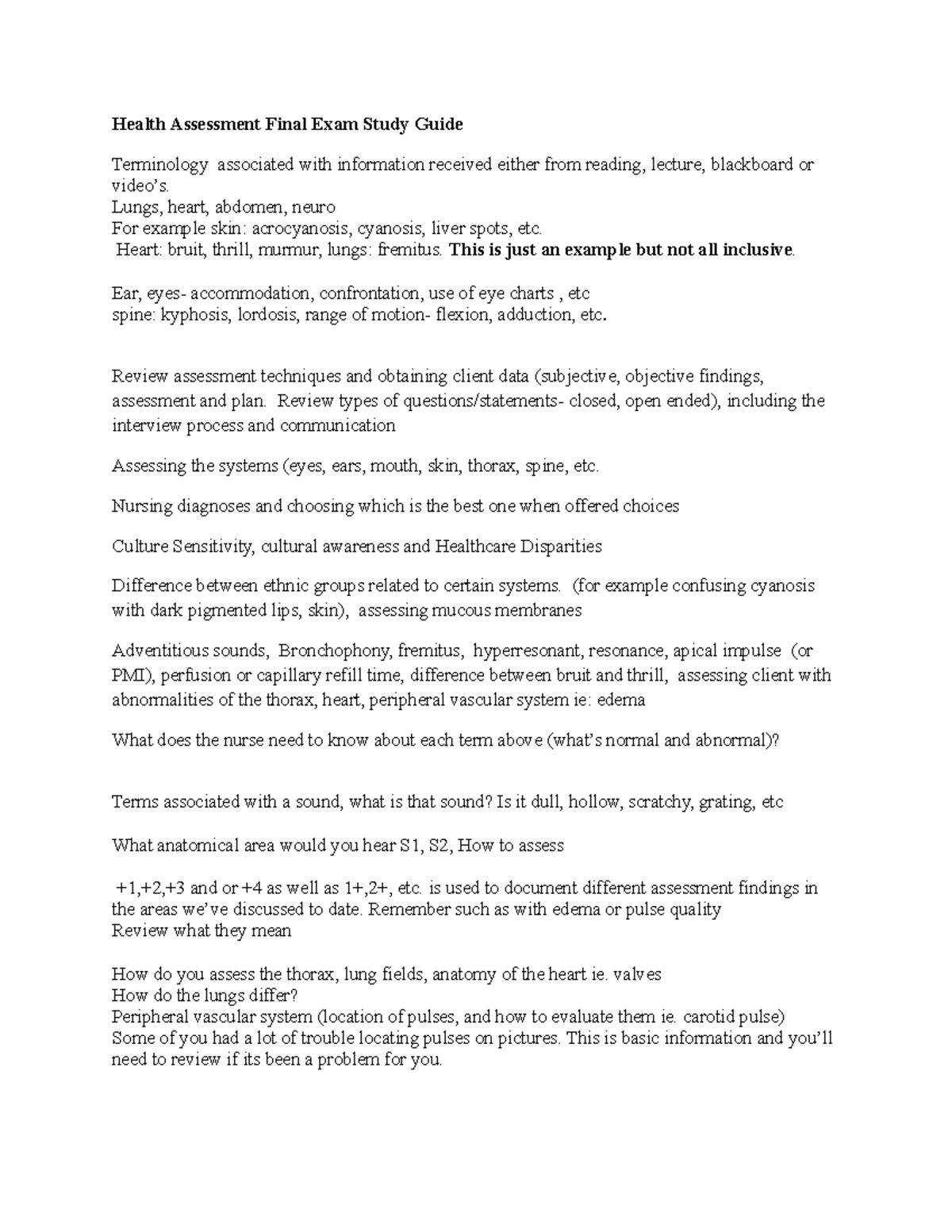 Finalexamstudyguide - Final exam study guide for assessment. - Health ...