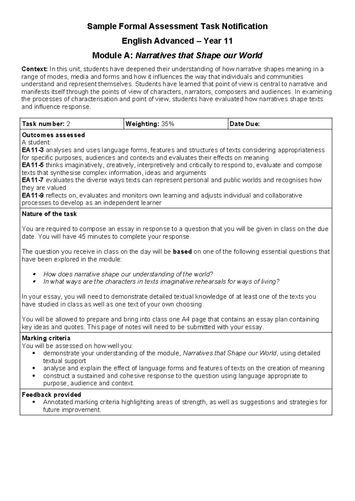 Yr 11 narratives that shape our world assessment - Sample Formal ...