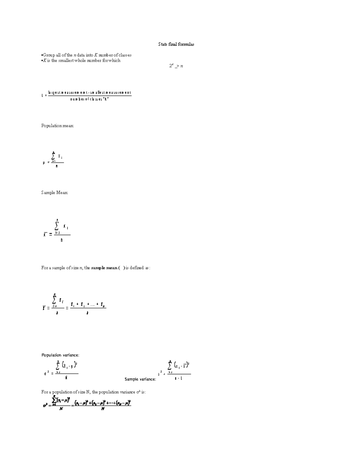 Stats final formulas comm 104 - Stats final formulas •Group all of the ...