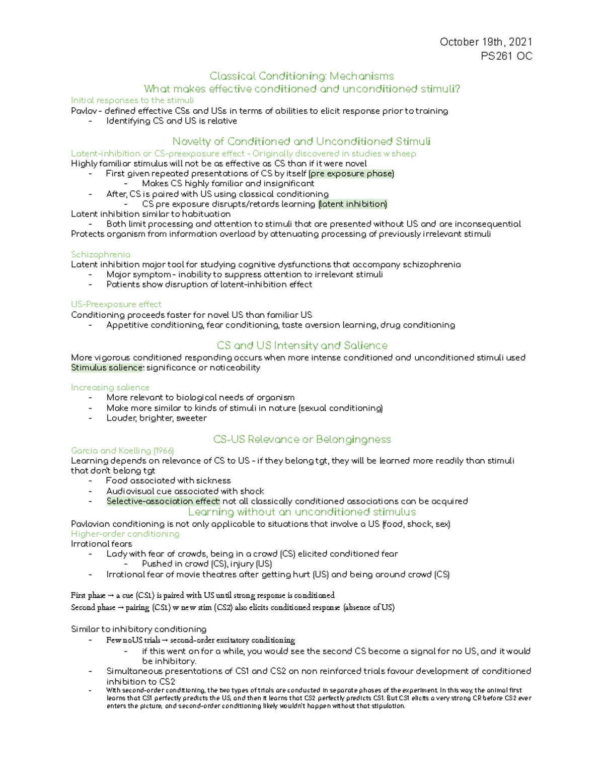 Chapter 4 - Classical conditioning Mechanisms - PS261 OC Classical ...
