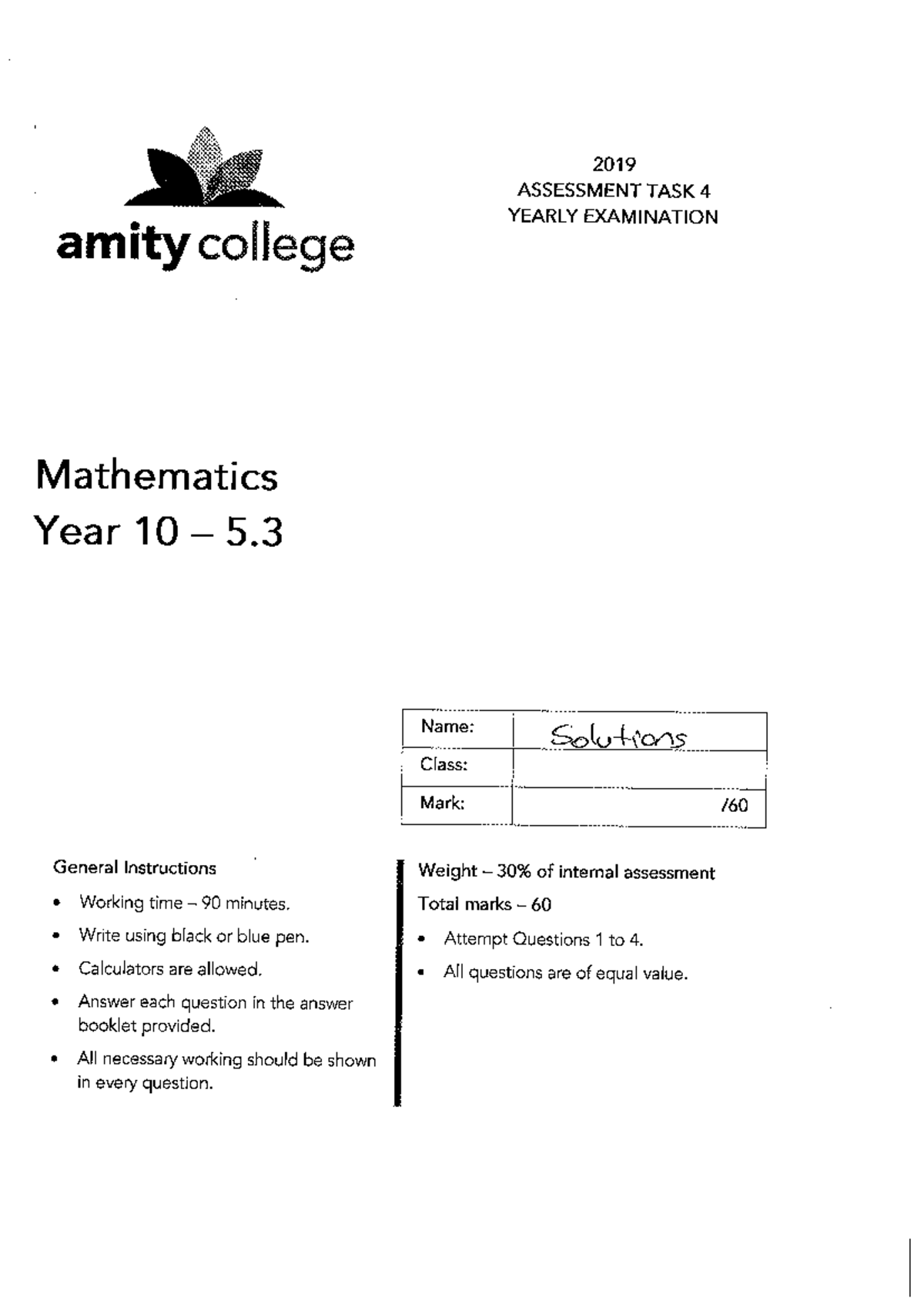 2019 10MAT 5.3 Task 04 Solutions - 2019 ASSESSMENT TASK 4 YEARLY ...