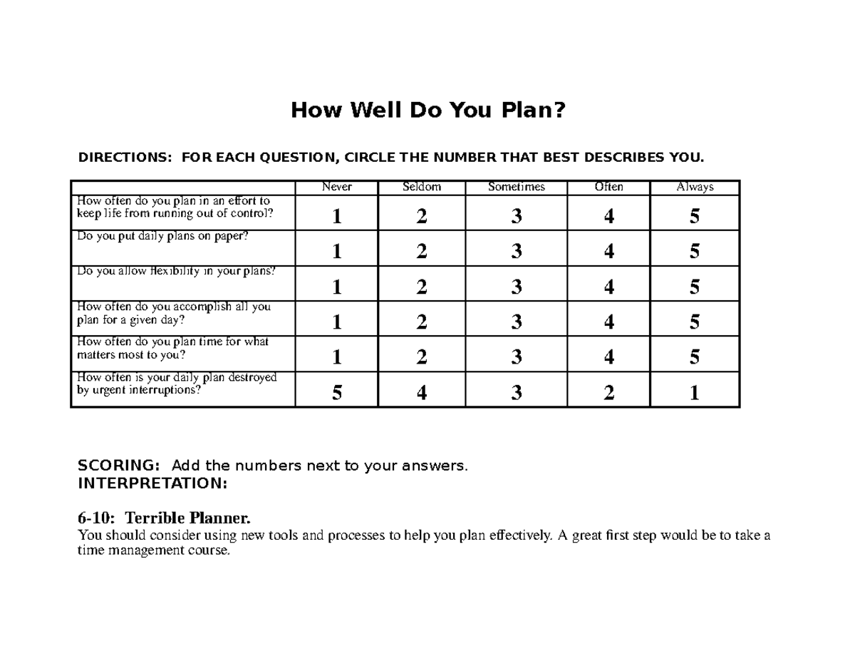 Planning well assessment - How Well Do You Plan? DIRECTIONS: FOR EACH ...