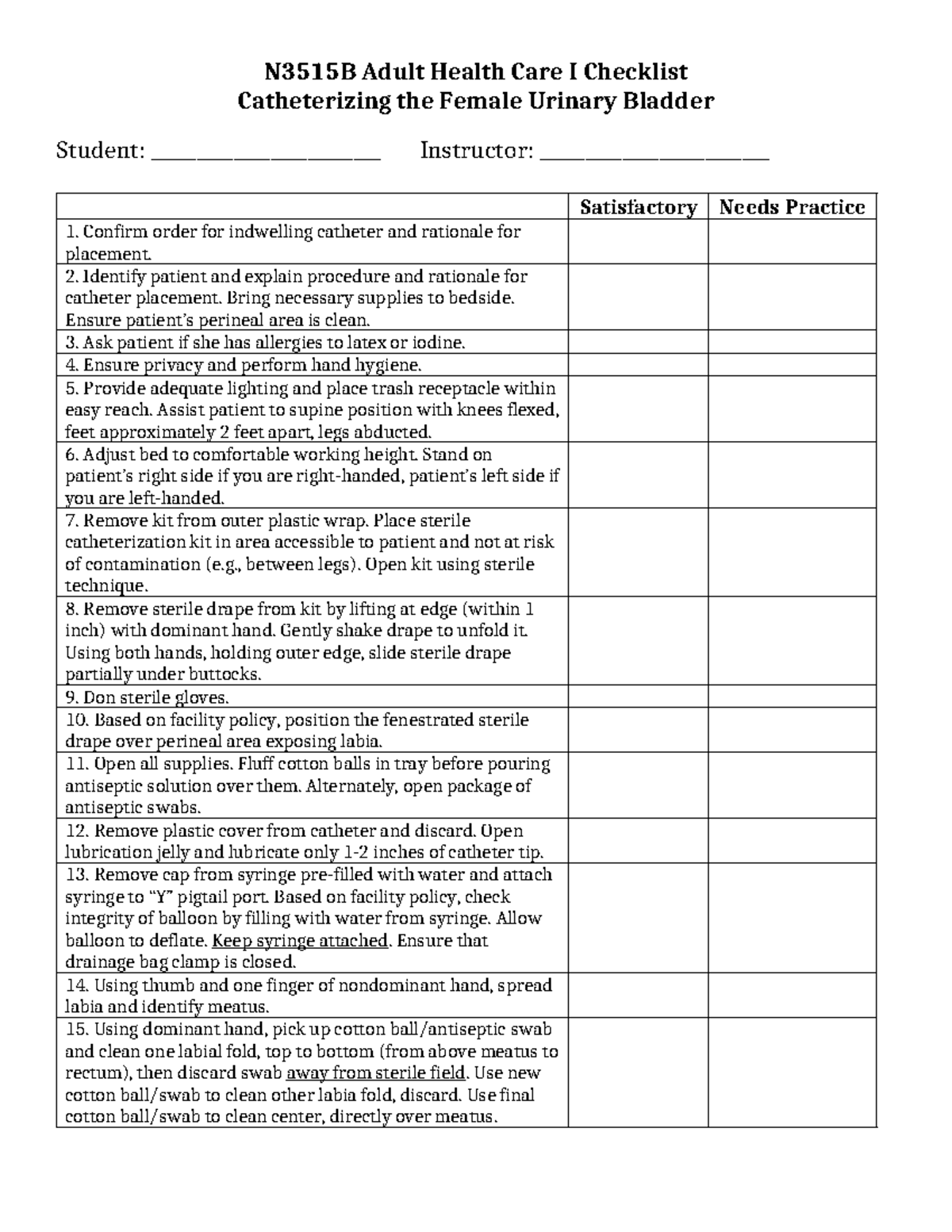 1.Female Catherterization Checklist - N3515B Adult Health Care I ...