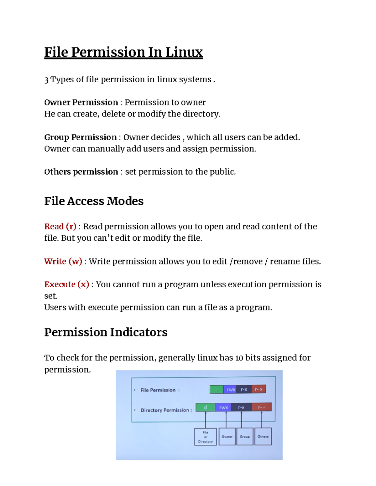 File Permission In Linux - Owner Permission : Permission to owner He can create, delete or ...