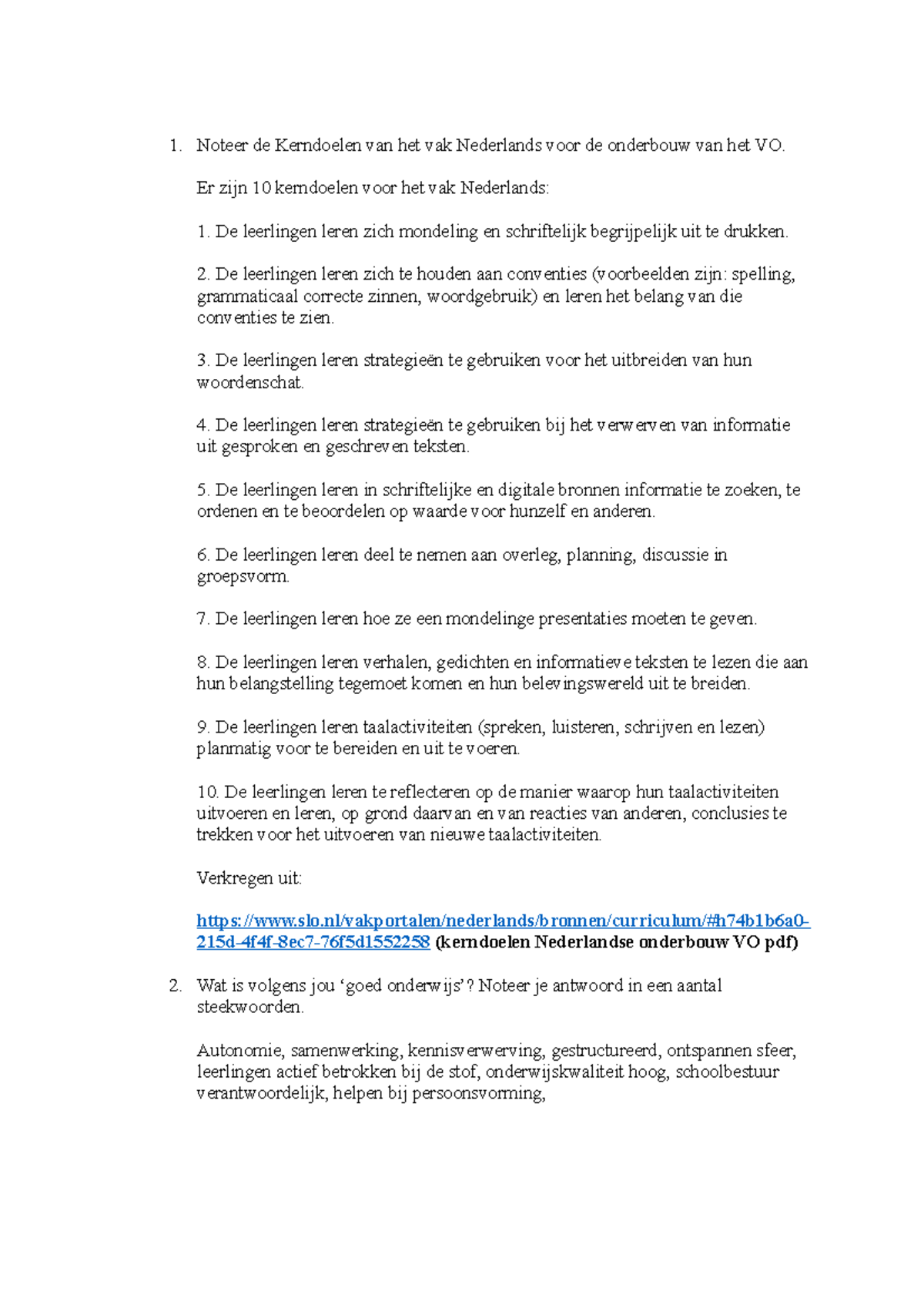 Voorbereidingsopdracht week 1 LOB - Noteer de Kerndoelen van het vak ...