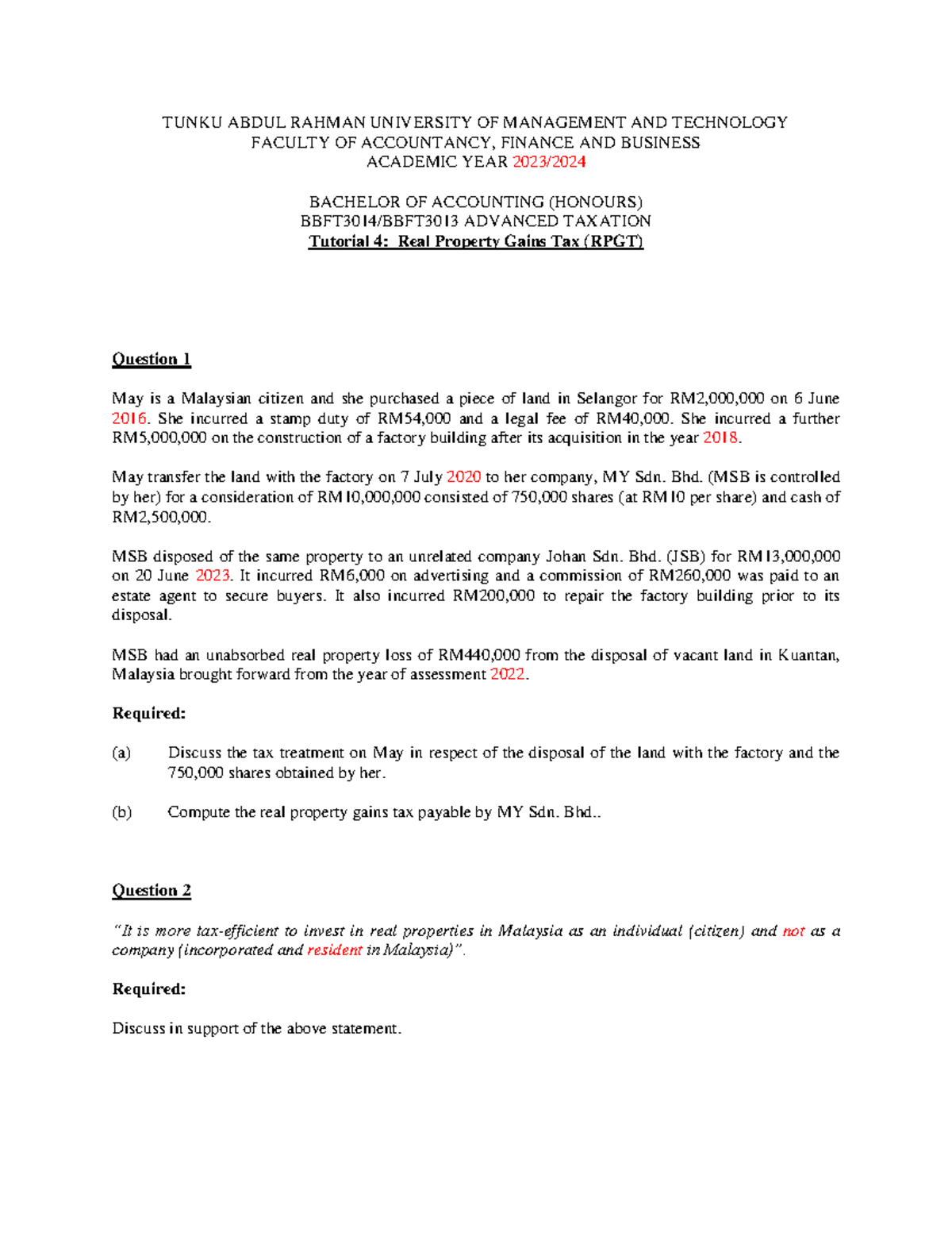 T4 Qs (RPGT) - egegfeg - TUNKU ABDUL RAHMAN UNIVERSITY OF MANAGEMENT ...