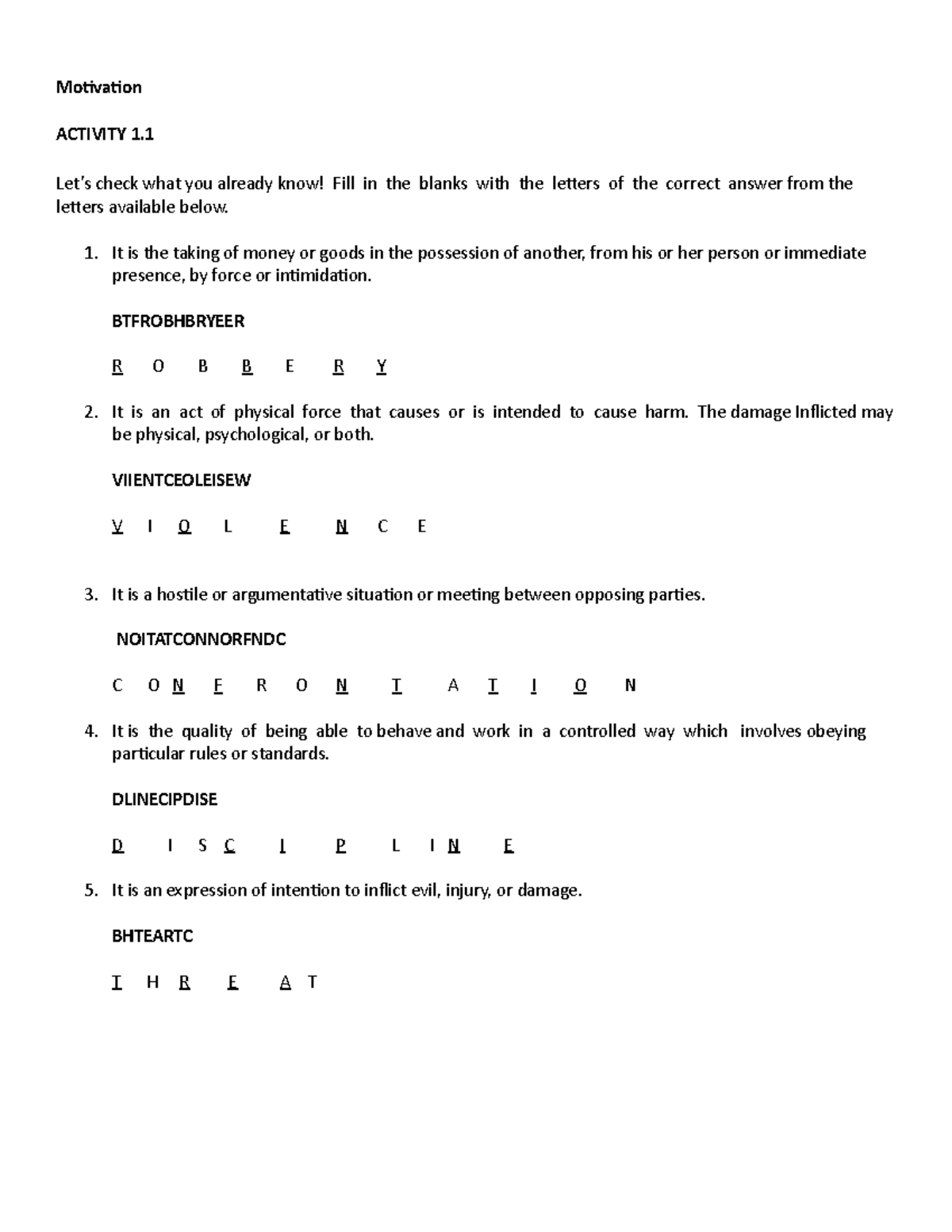 Activity 1 self defense Performance Management - Motivation ACTIVITY 1 ...