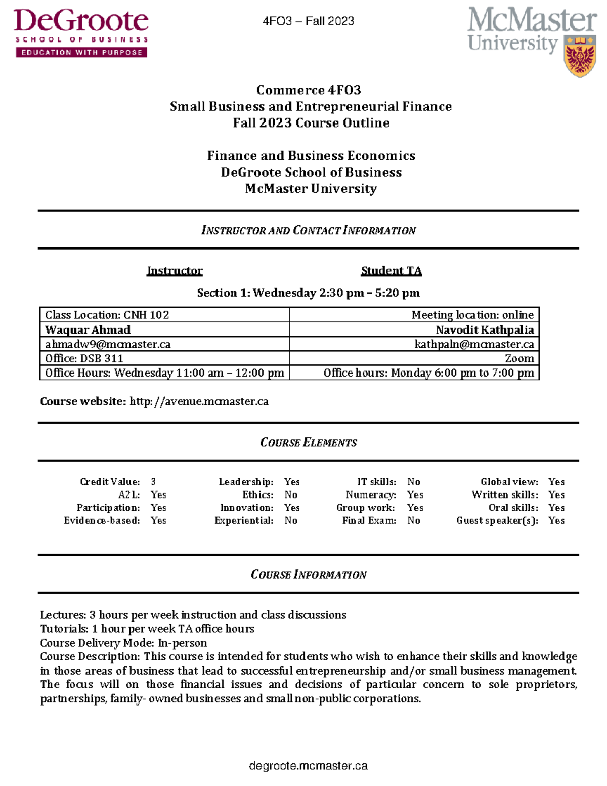 McMaster 4FO3Outline - Commerce 4FO Small Business and Entrepreneurial ...