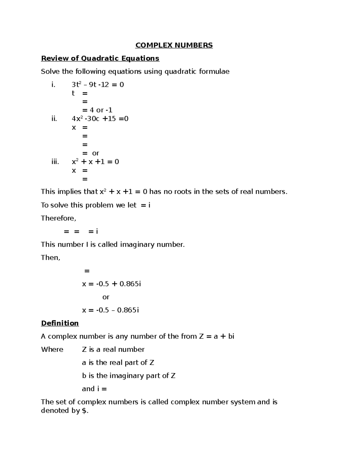 SMA103 ANALYTICAL GEOMETRY - COMPLEX NUMBERS Review of Quadratic ...