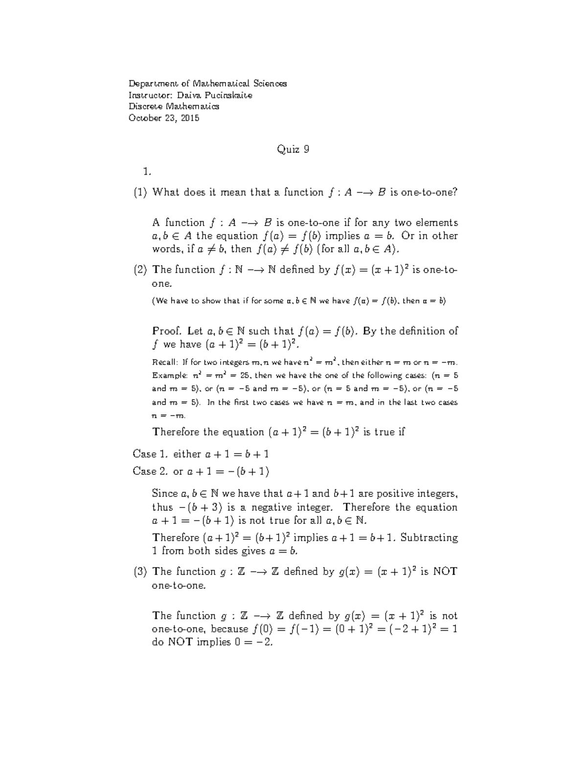 Solution 9 Quiz Discrete Mathematics Fall 2015 9 - Department of ...
