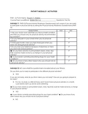 Pathfit Module 1-6 Activities - PATHFIT MODULE 1 ACTIVITIES PAR –Q Form ...