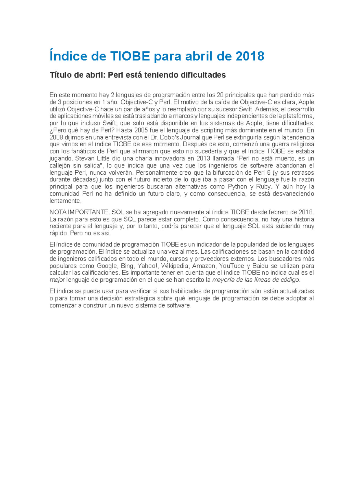 Material - Indice Tiobe 2018 - Índice de TIOBE para abril de 2018 Título de abril: Perl está ...