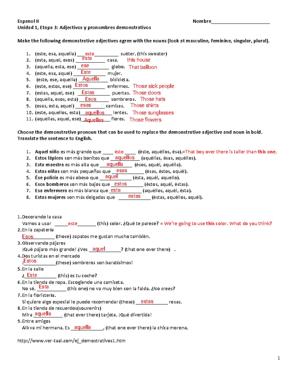 Kami Export - Ethan King - dem. adj. practice sheet - 1 Espanol II Nombre ...