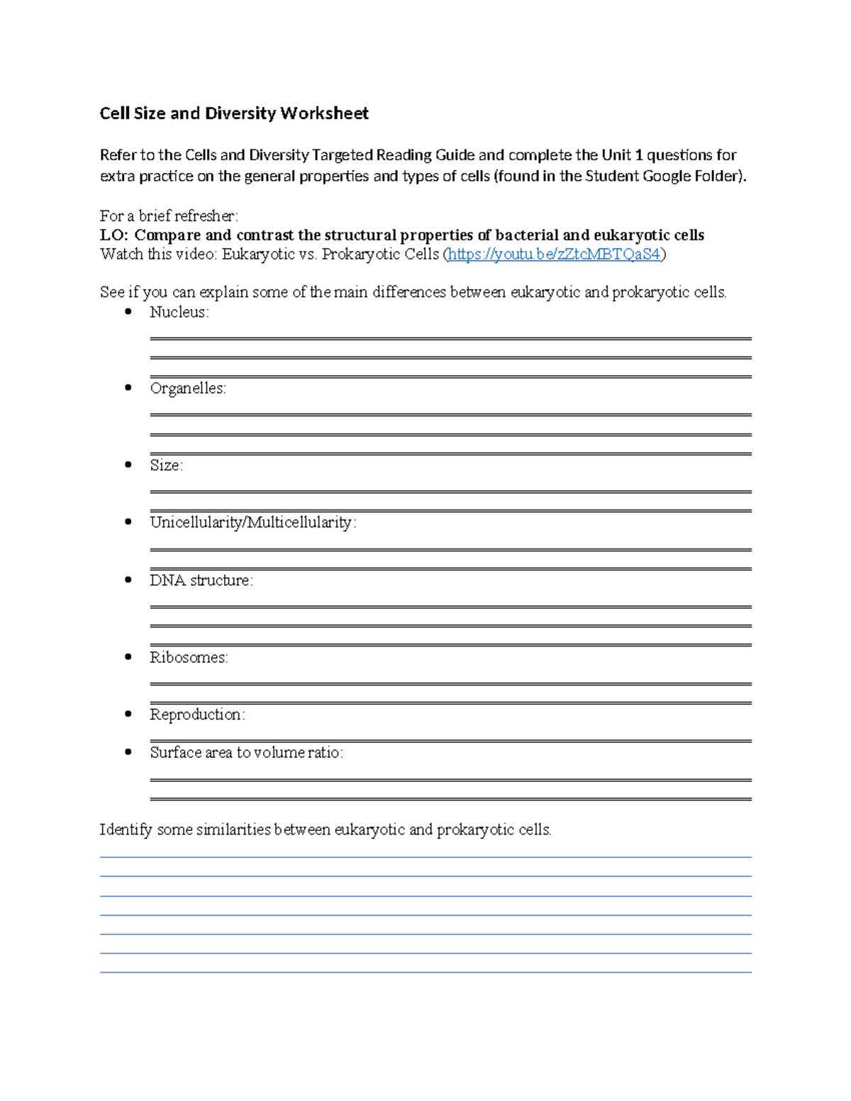 Cell Size and Diversity - Worksheet - Cell Size and Diversity Worksheet ...