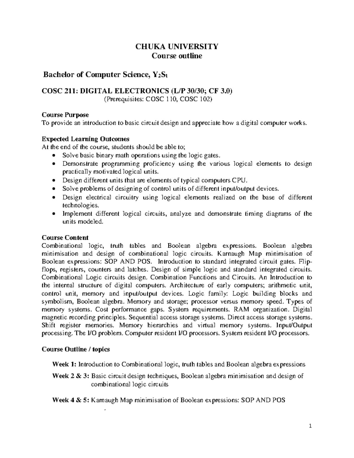 Cosc 211 Course Outline 1 Chuka University Course Outline Bachelor Of Computer Science Y 2 S