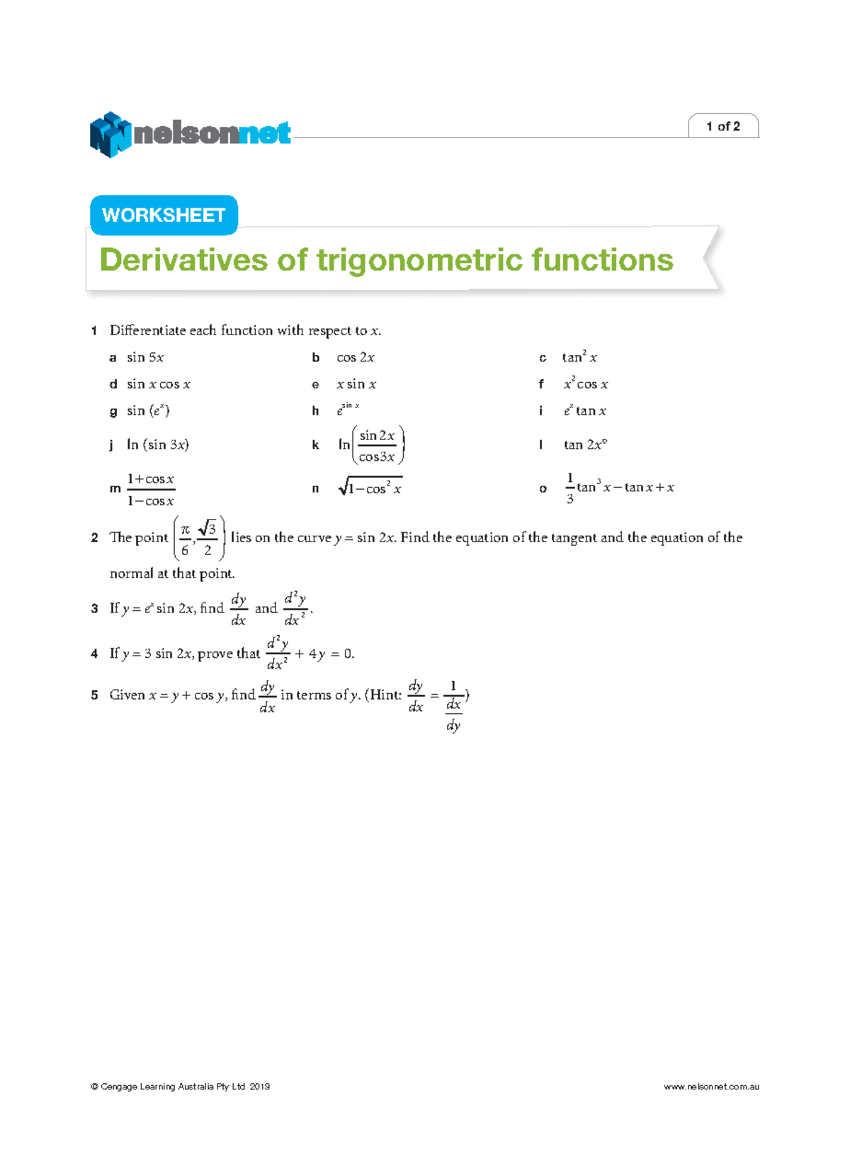 Derivative of trig functions - © Cengage Learning Australia Pty Ltd ...