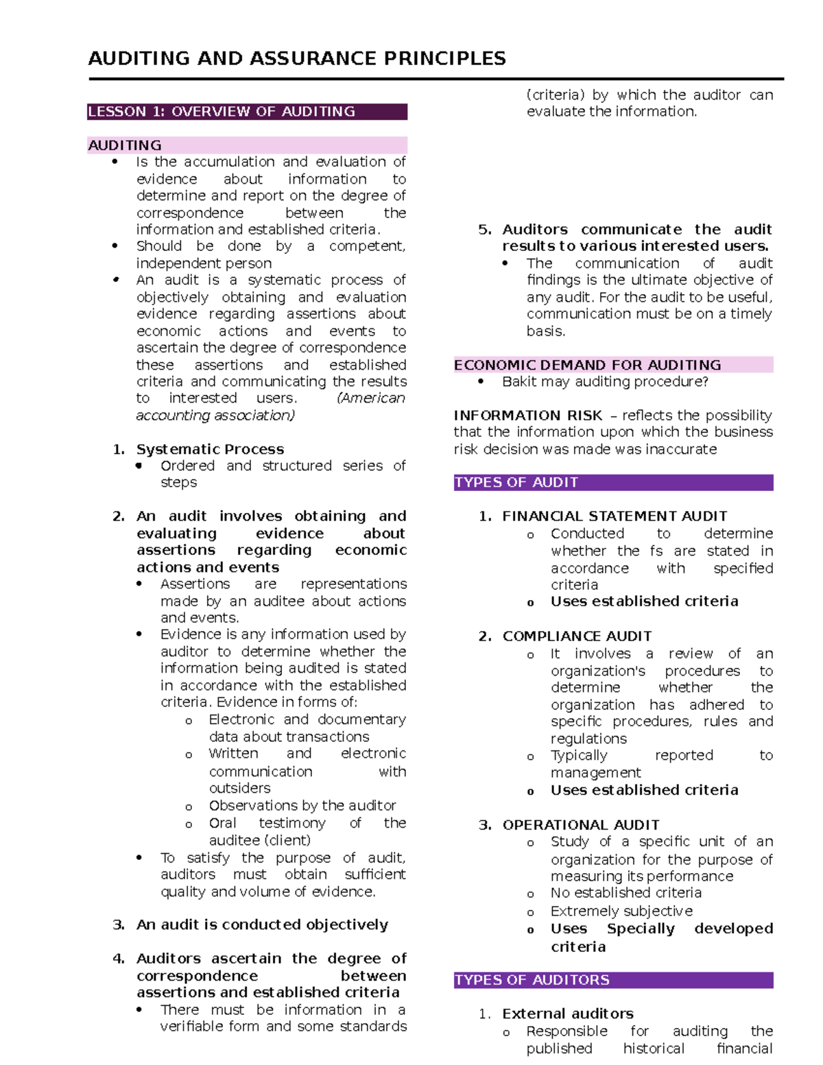 Auditing - LESSON 1: OVERVIEW OF AUDITING AUDITING Is the accumulation ...