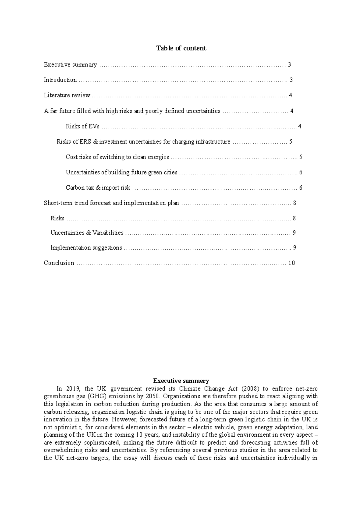 Report Sample 4 - Table of content Executive summary - Studocu