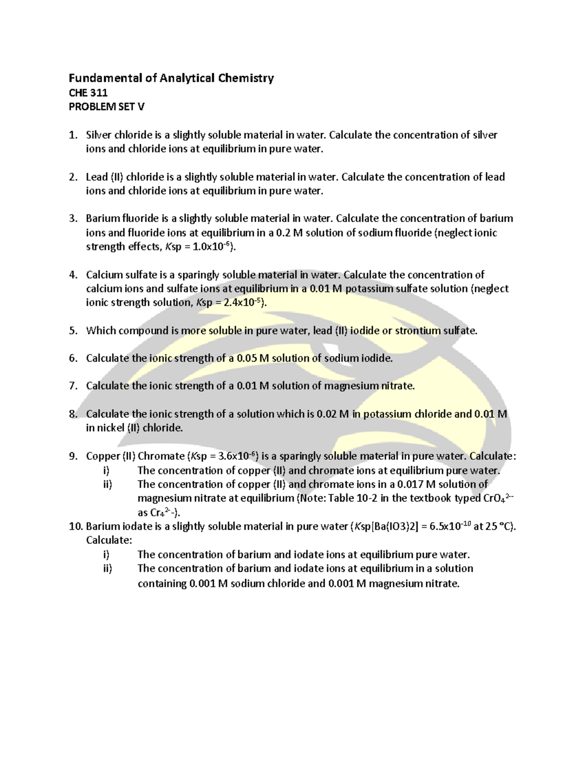 CHE 311 - Problem Set 5 - Fundamental of Analytical Chemistry CHE 311 ...
