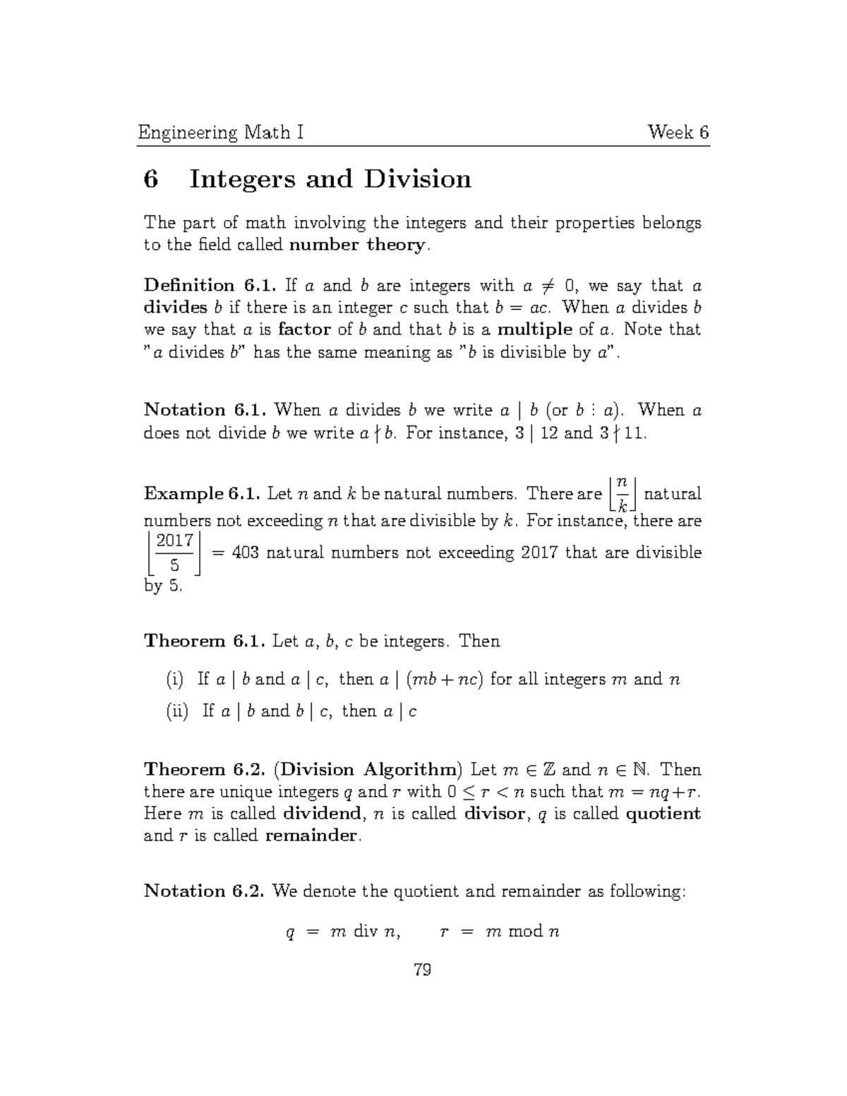 Lecture Notes - Week 6 - math - 6 Integers and Division The part of ...