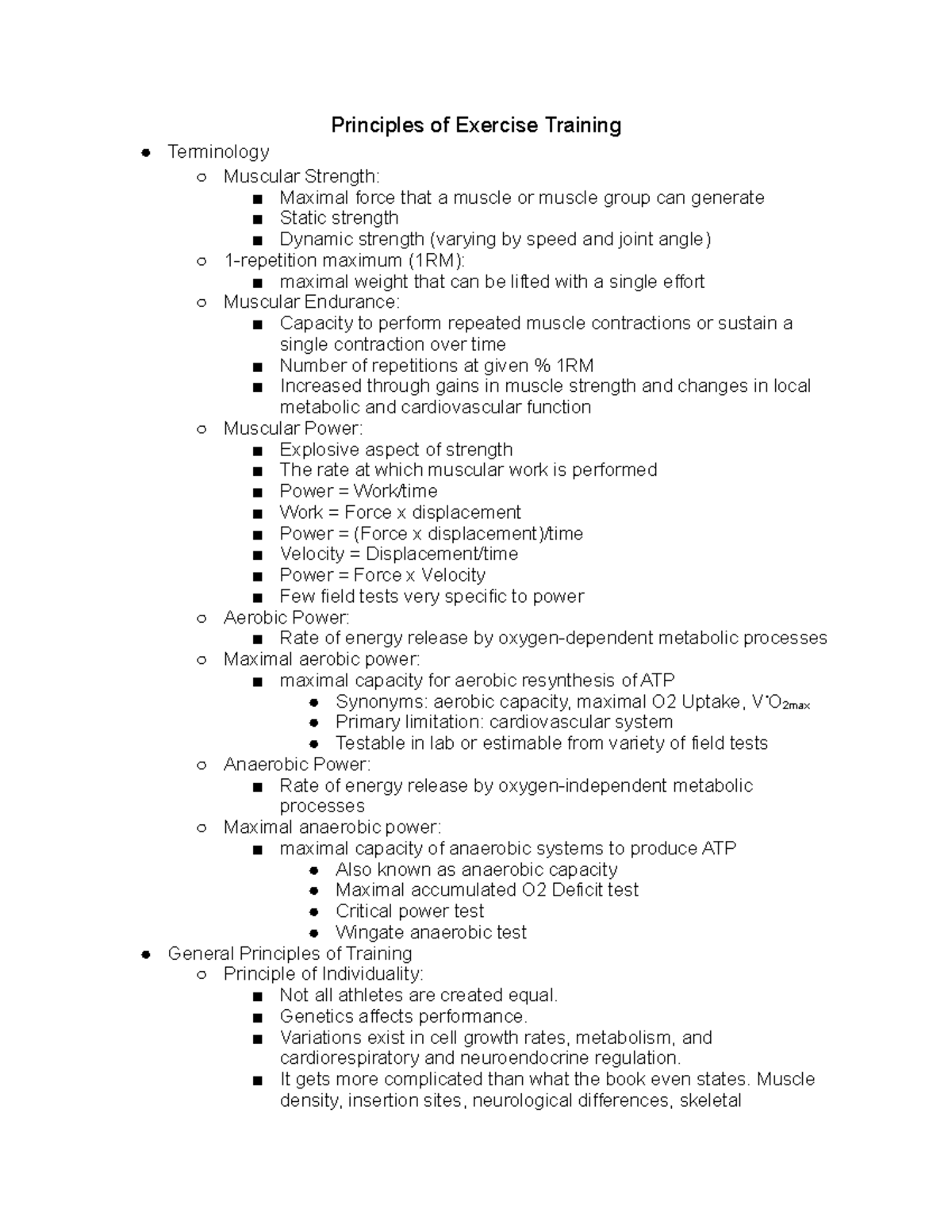 Principles of Exercise Training Lecture Notes - Principles of Exercise ...