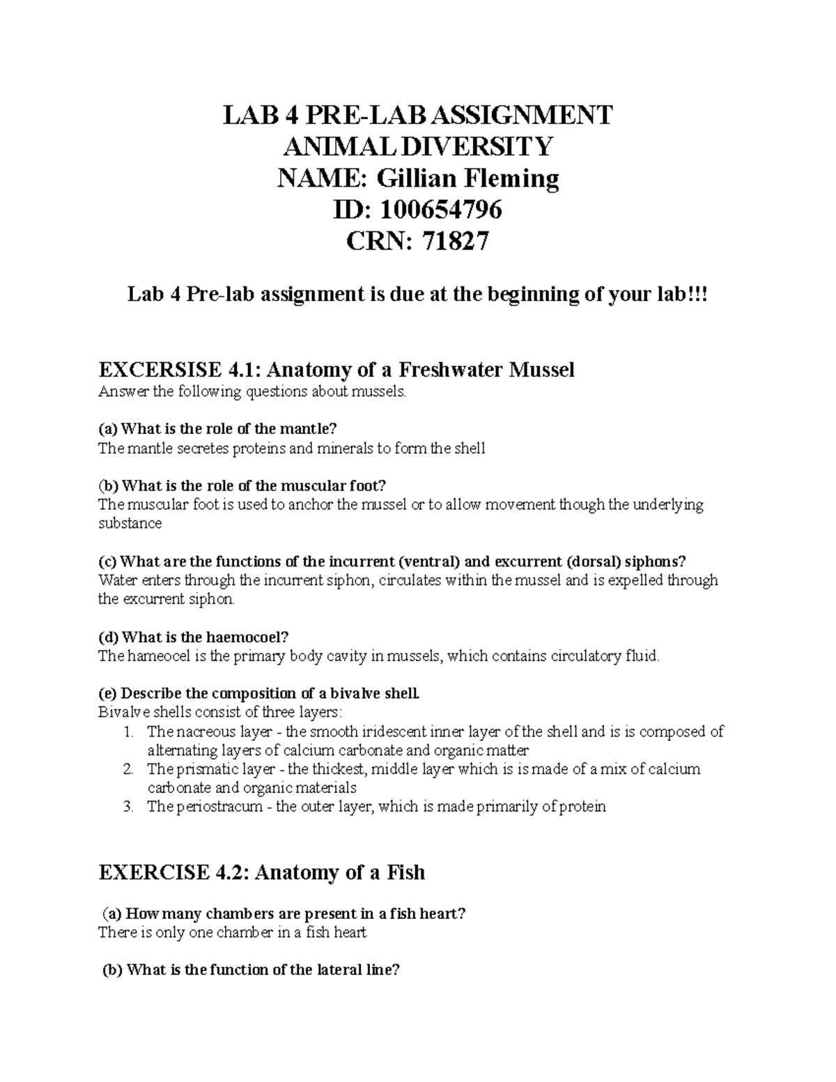 LAB 4 PRE - LAB 4 PRE - LAB 4 PRE-LAB ASSIGNMENT ANIMAL DIVERSITY NAME: Gillian Fleming ID ...