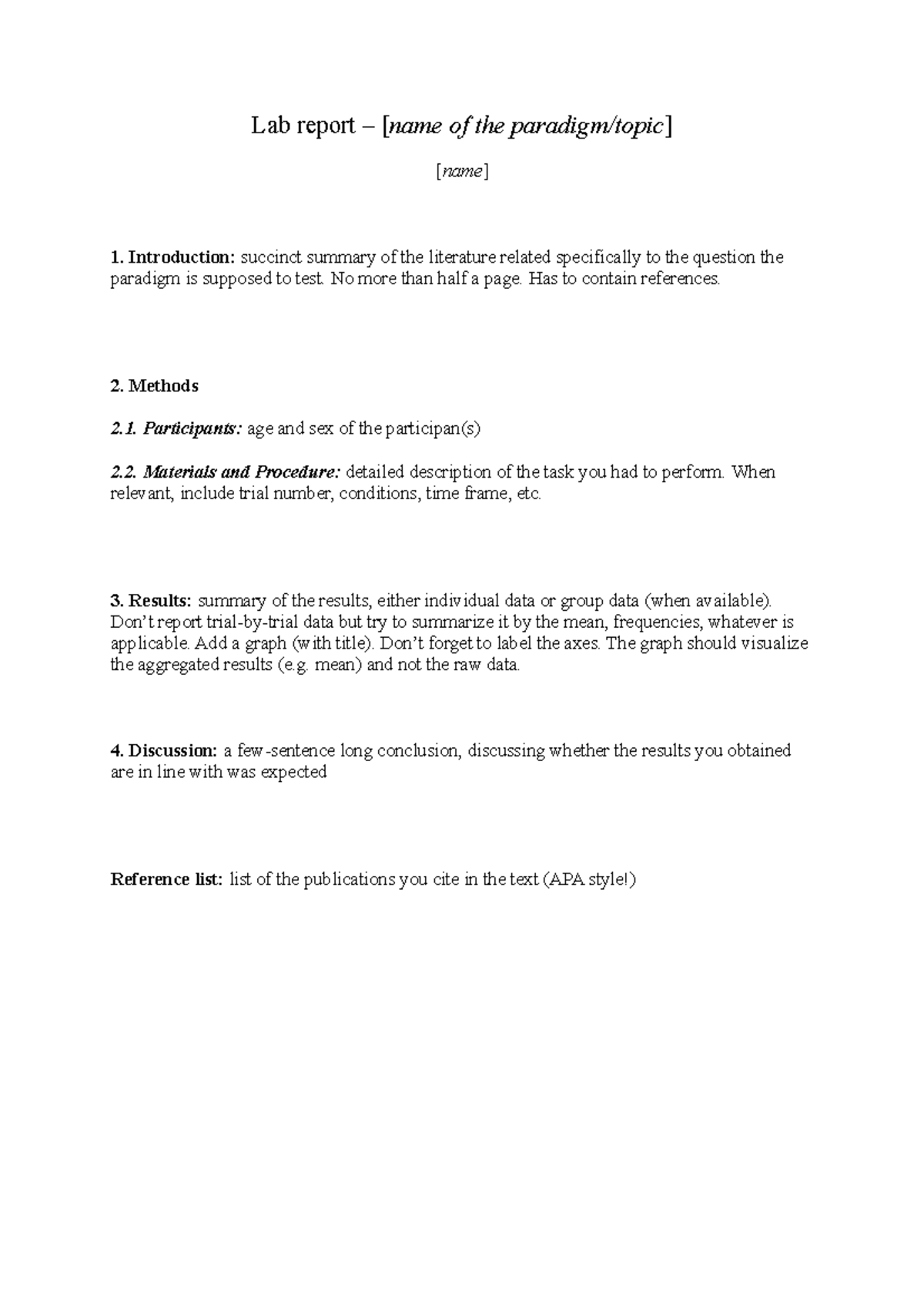 Lab report template - Lab report – [name of the paradigm/topic] [name ...