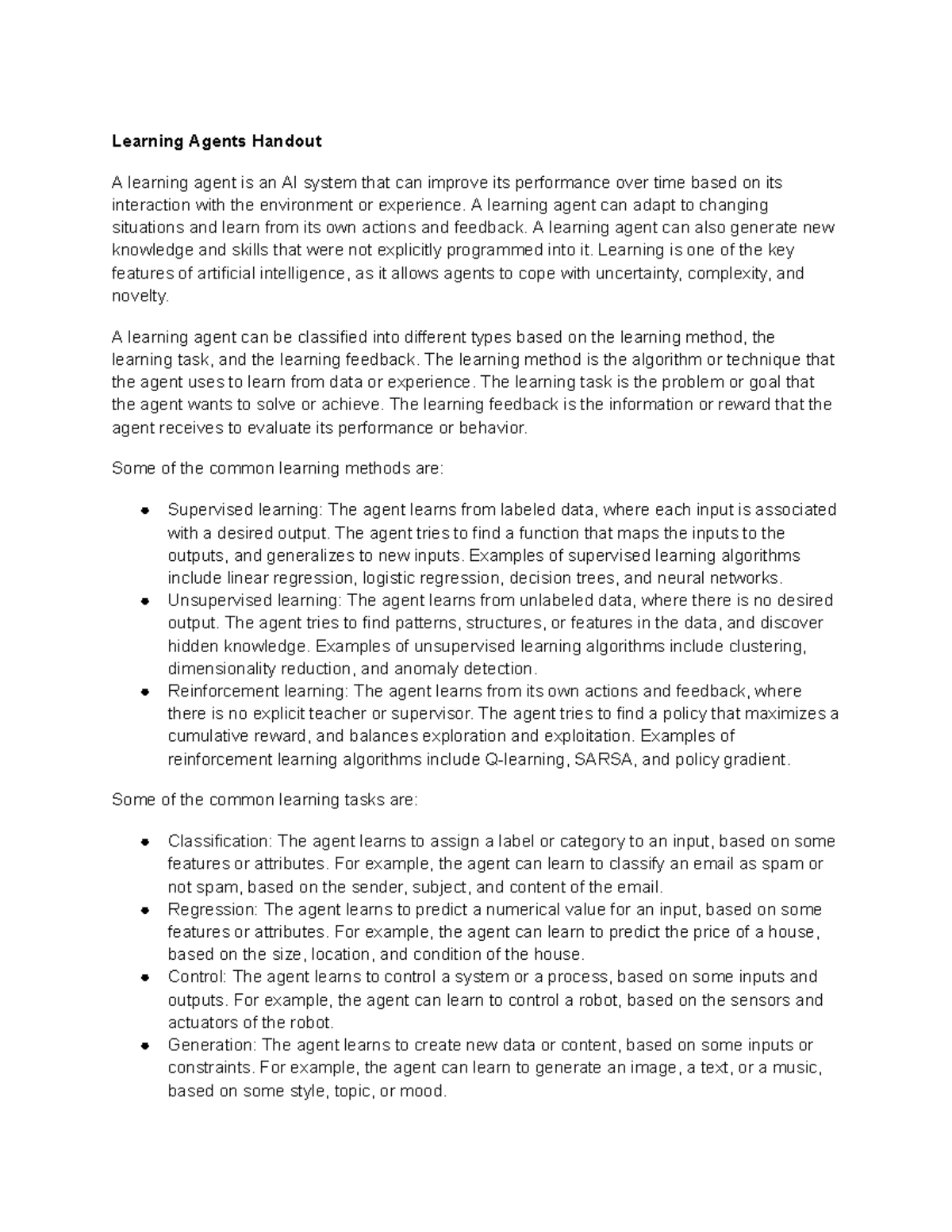 Learning+Agents+Handout - Learning Agents Handout A learning agent is ...