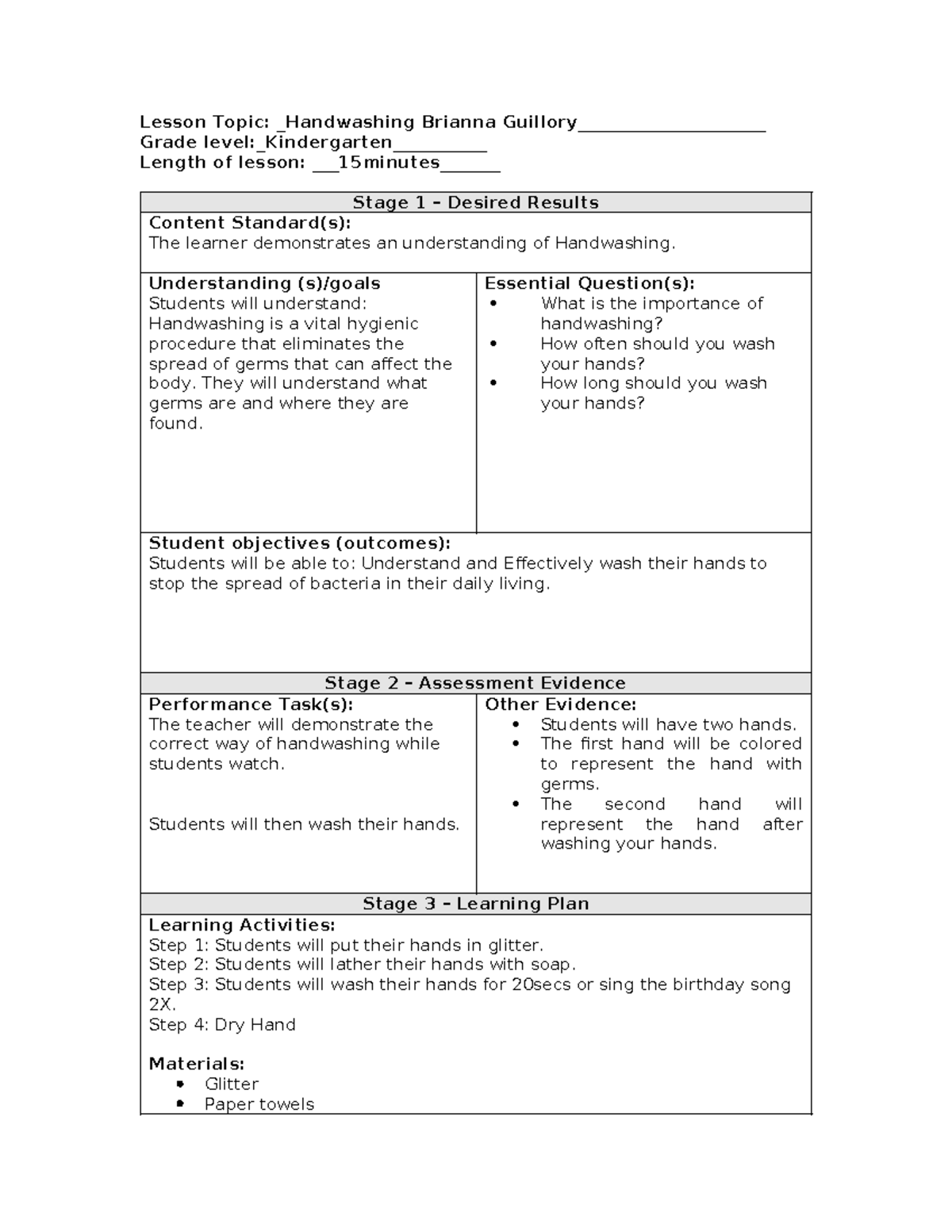 Lesson Plan- handwashing copy - Lesson Topic: Handwashing Brianna ...