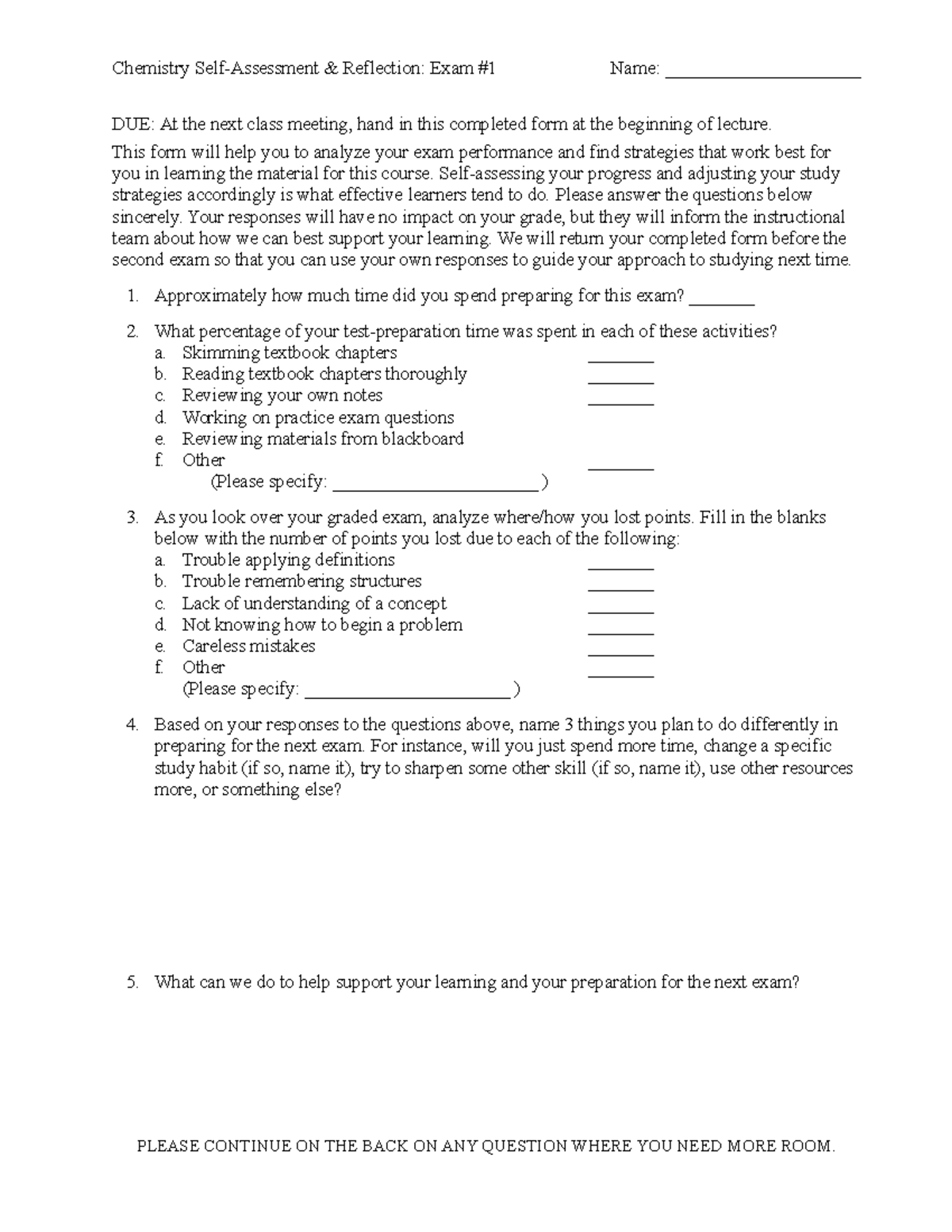 Chemexamwrapper - Chemistry Self-Assessment & Reflection: Exam #1 Name