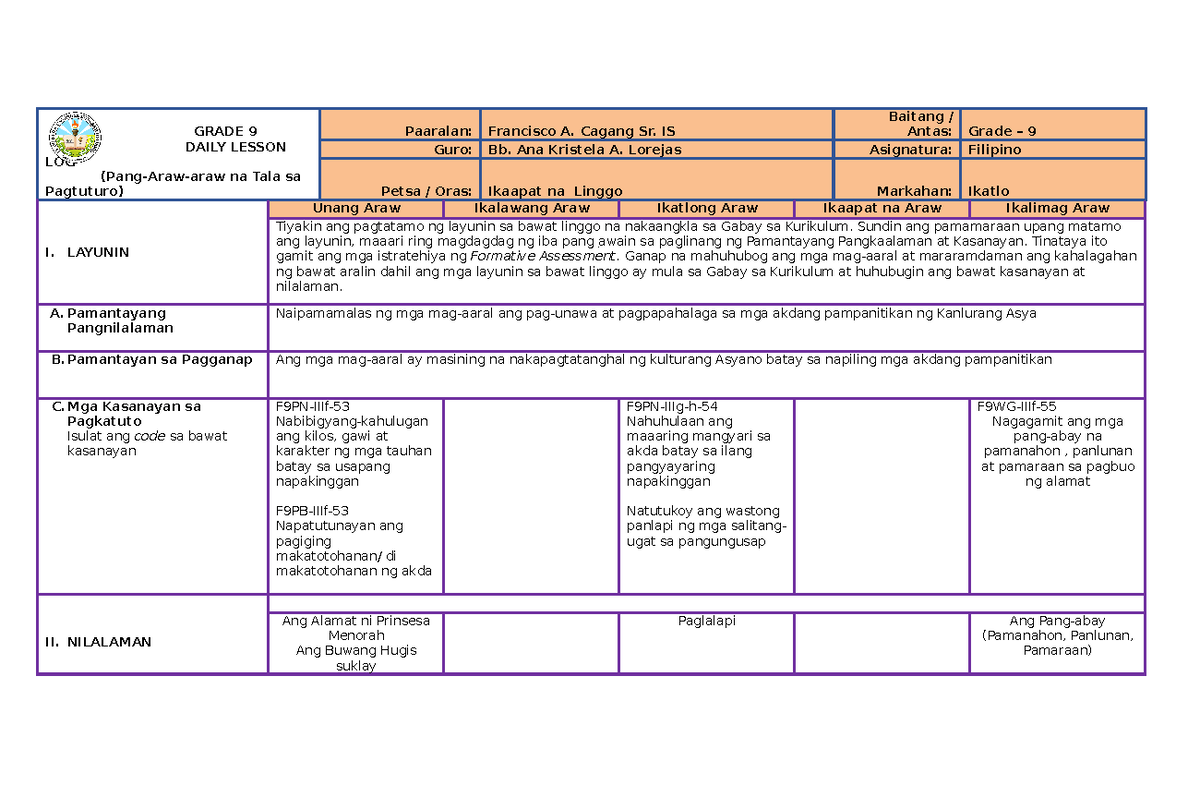 FIL 9 Q3 Modyul 4 - ABC - GRADE 9 DAILY LESSON LOG (Pang-Araw-araw na ...