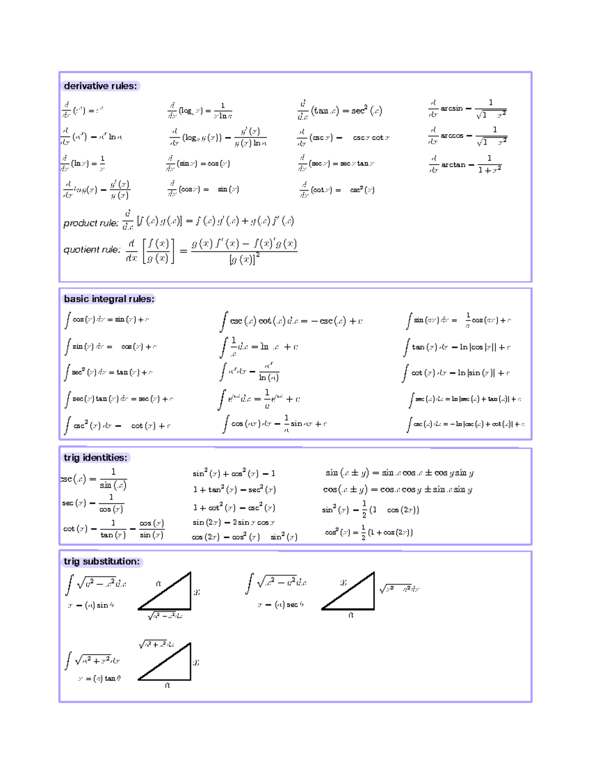 Cal II cheat sheet - d dx (a x ) = a x ln a d dx (e x ) = e x d dx (ln ...