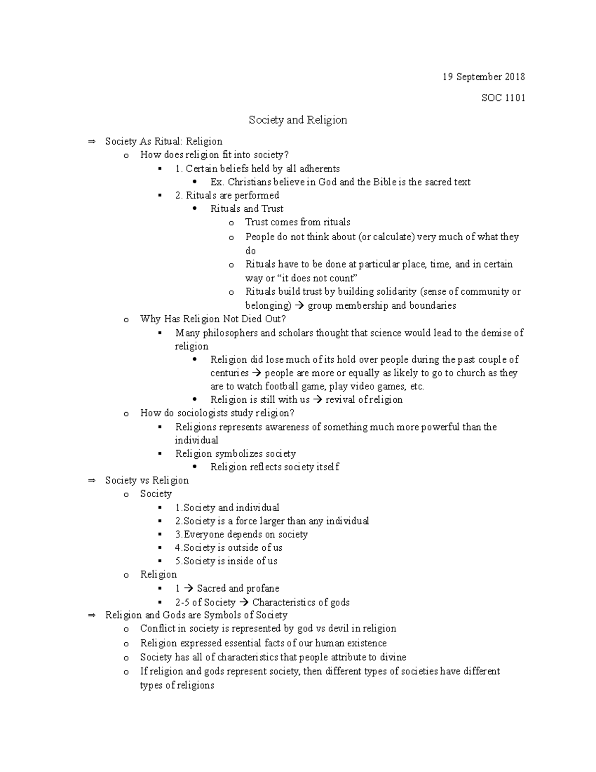 19 September - Society and Religion - 19 September 2018 SOC 1101 ...