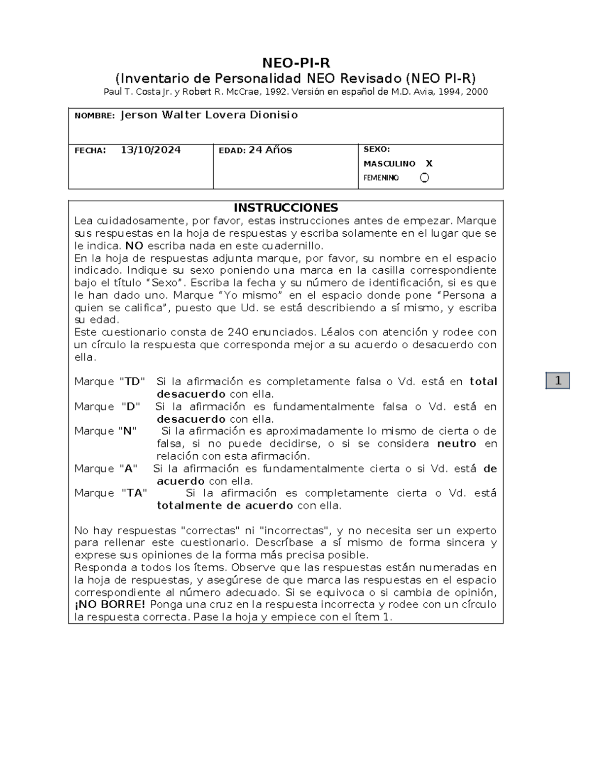 Cuestionario Neopi-R Candidatos - 1 NEO-PI-R (Inventario de ...
