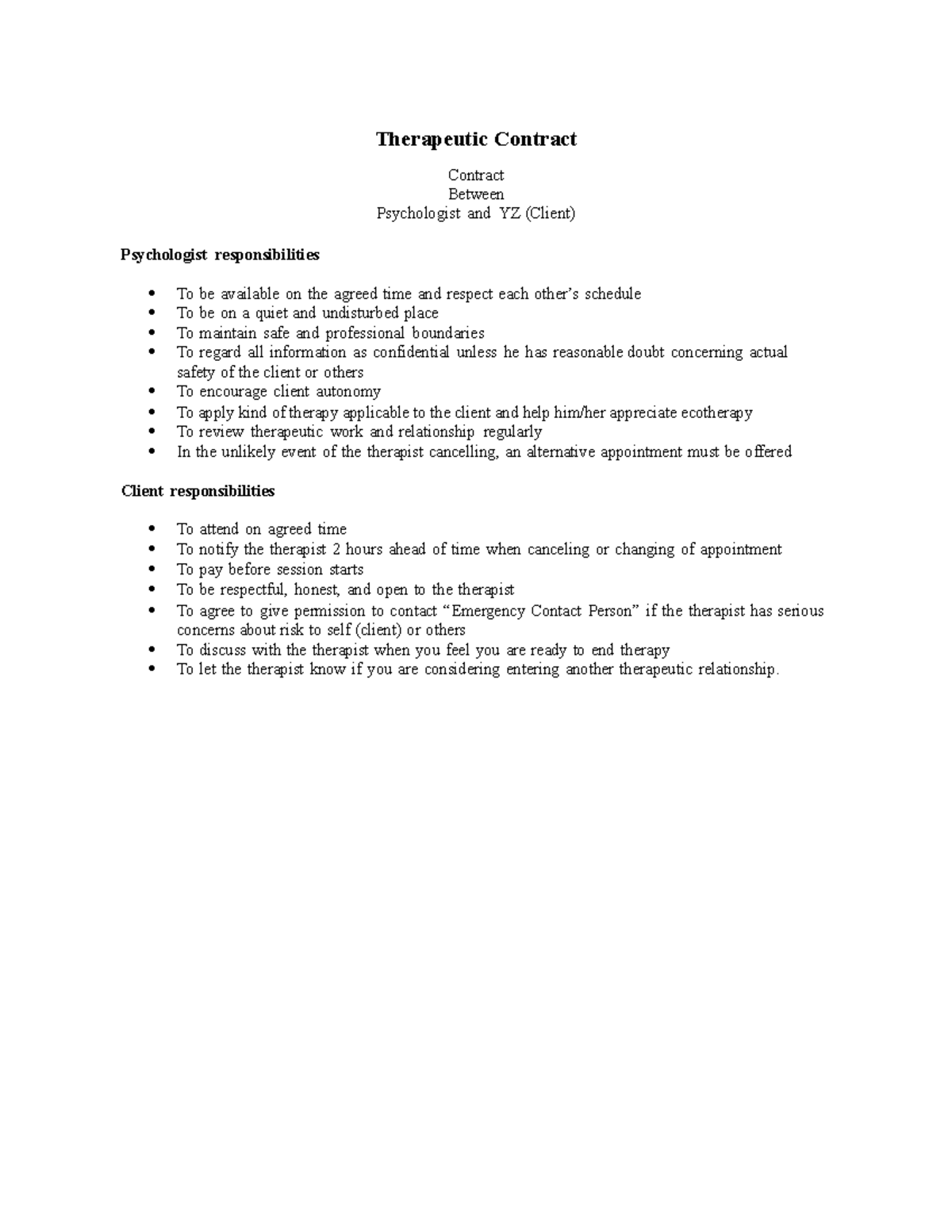 Therapeutic Contract - Therapeutic Contract Contract Between ...
