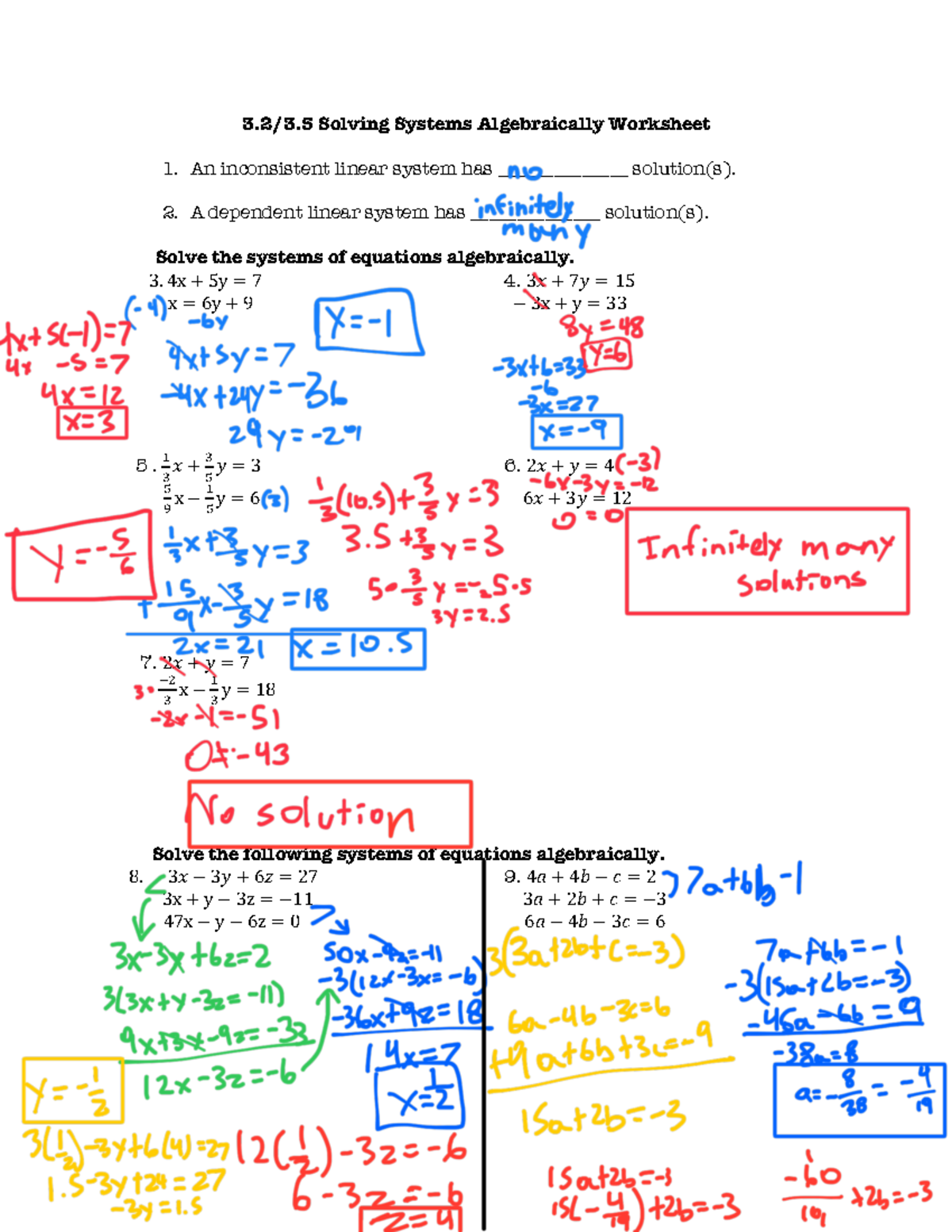3.2-3.5+Worksheet copy - 3.2/3 Solving Systems Algebraically Worksheet ...