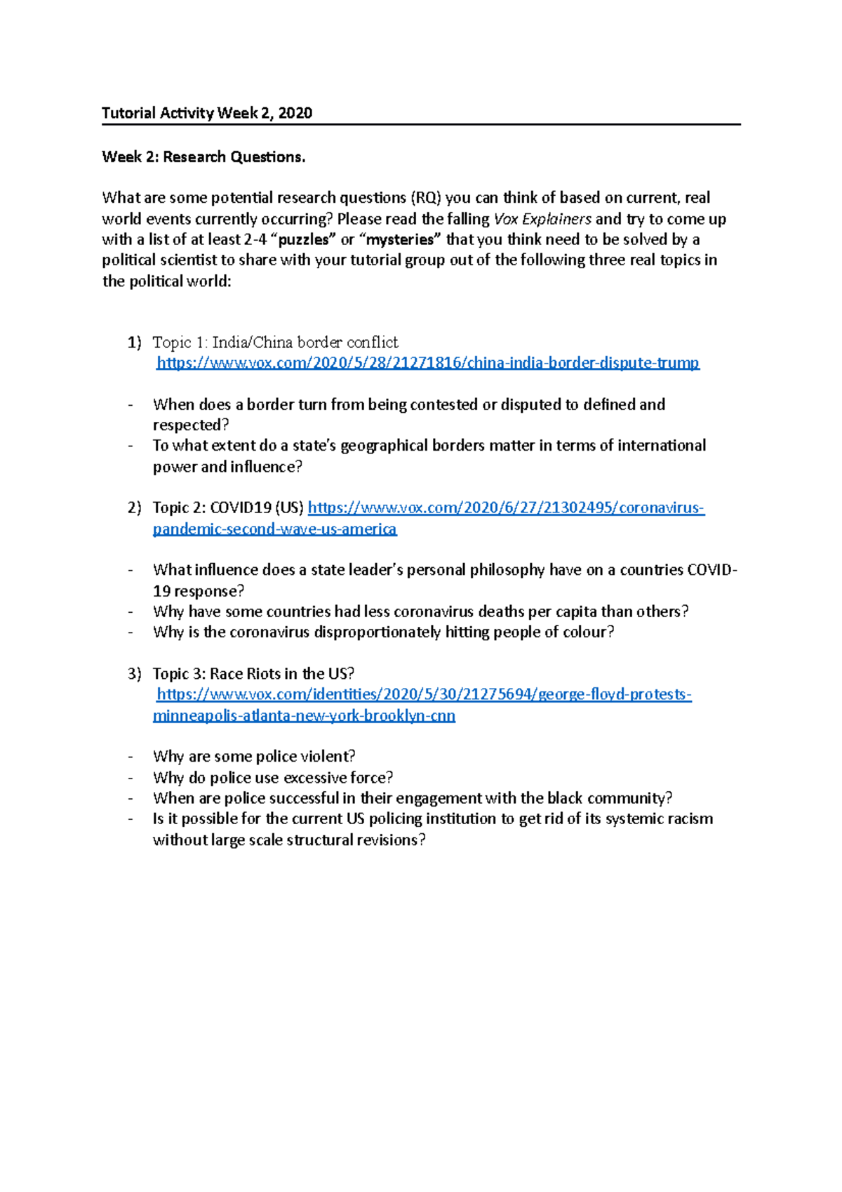 Tutorial Activity Week 2 - POLS1009 - Tutorial Activity Week 2, 2020 ...
