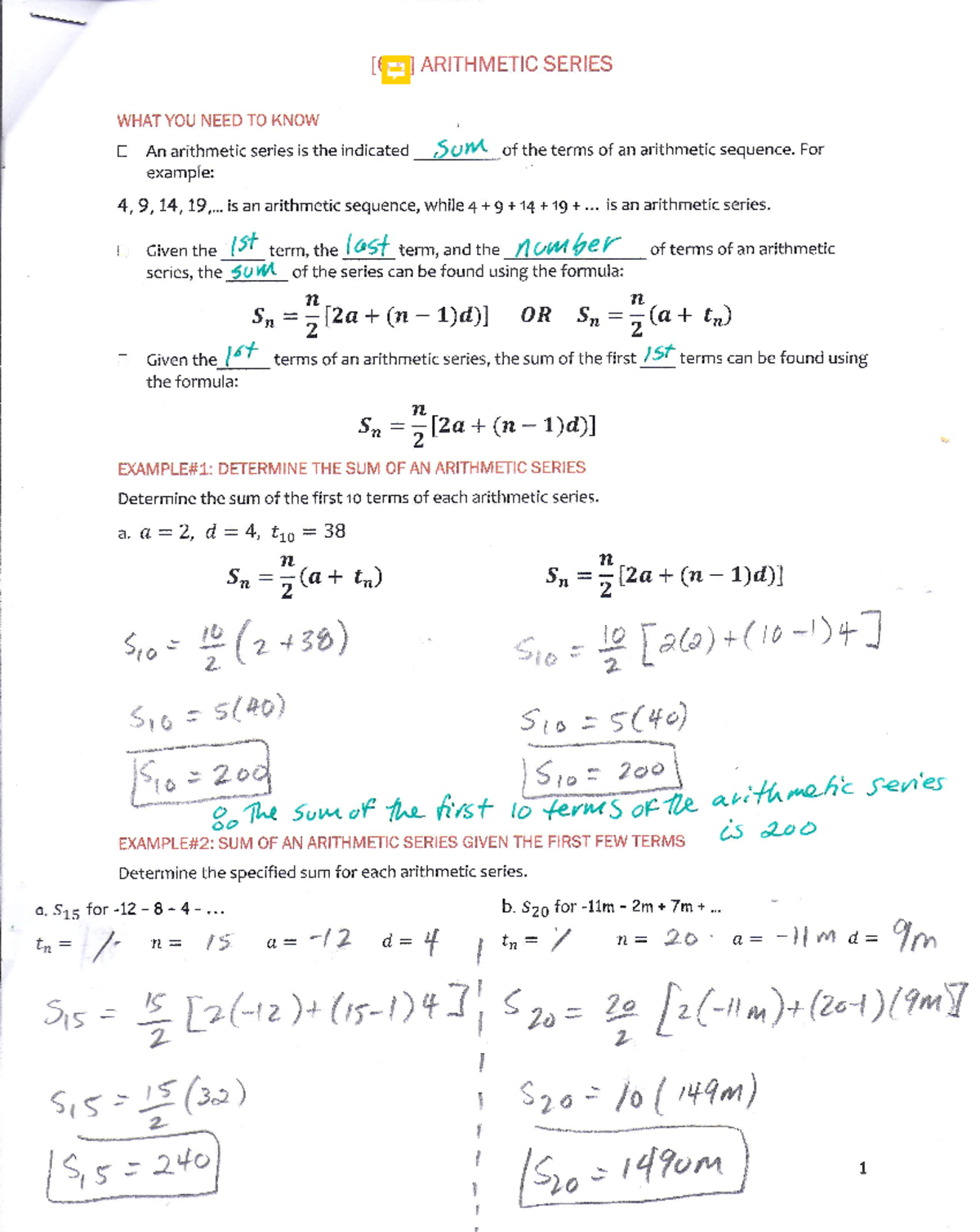 7.4 Arithmetic Series - Notes [Teacher] - Studocu