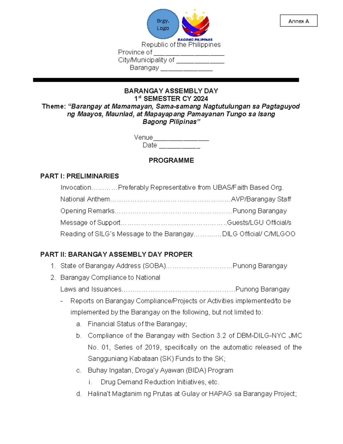 Annexes A, G, I - Templates for Barangay Jan 24 - Republic of the ...