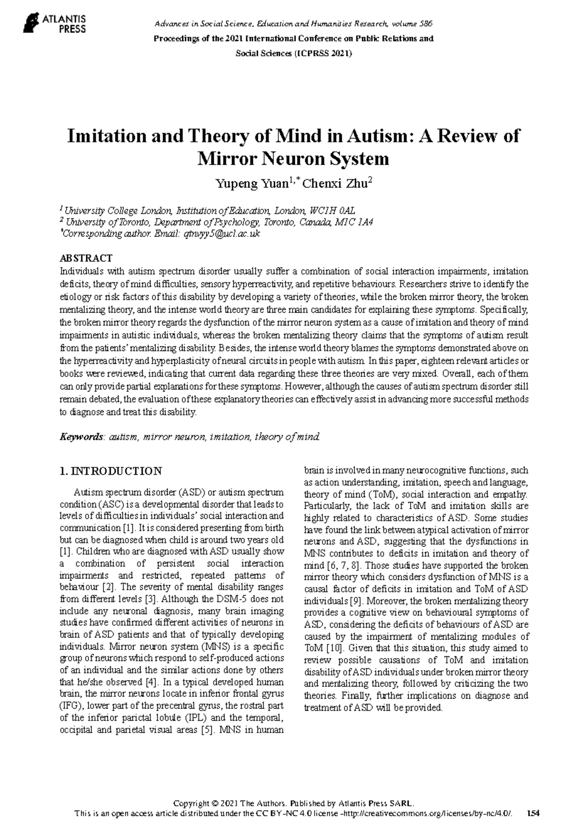 Imitation and theory of mind in autism: a review of mirror neuron ...