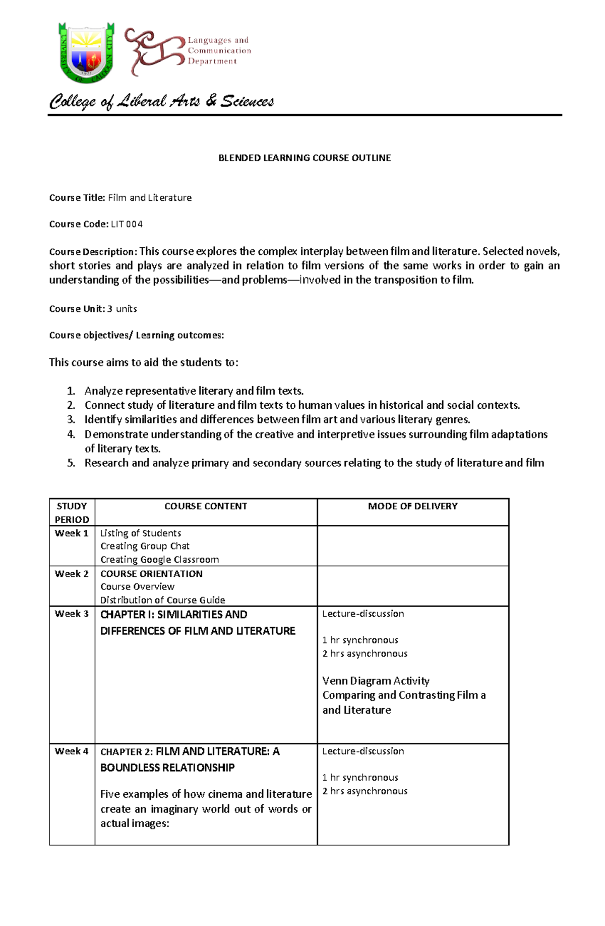 Film and Literature Course Guide - BLENDED LEARNING COURSE OUTLINE ...